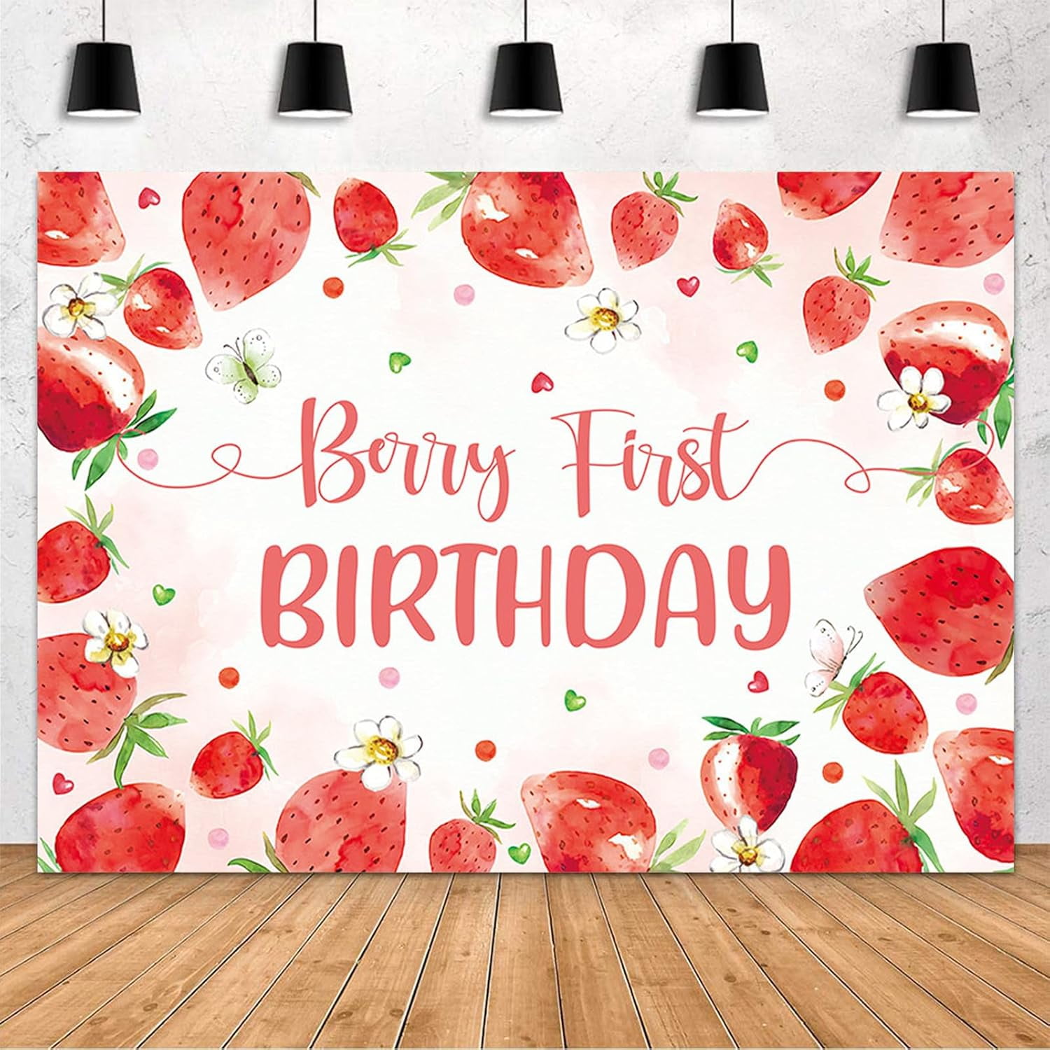 Beautiful Sweet Strawberry Happy 1st Birthday Backdrop Berry First ...
