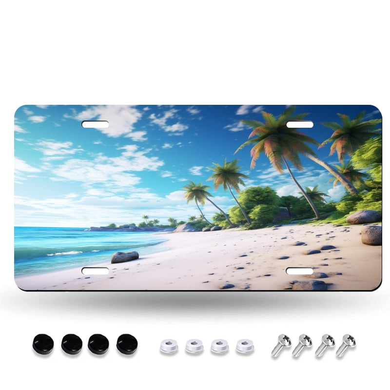 Beautiful Tropical Beach with Palm Trees and Rocks Front License Plate ...