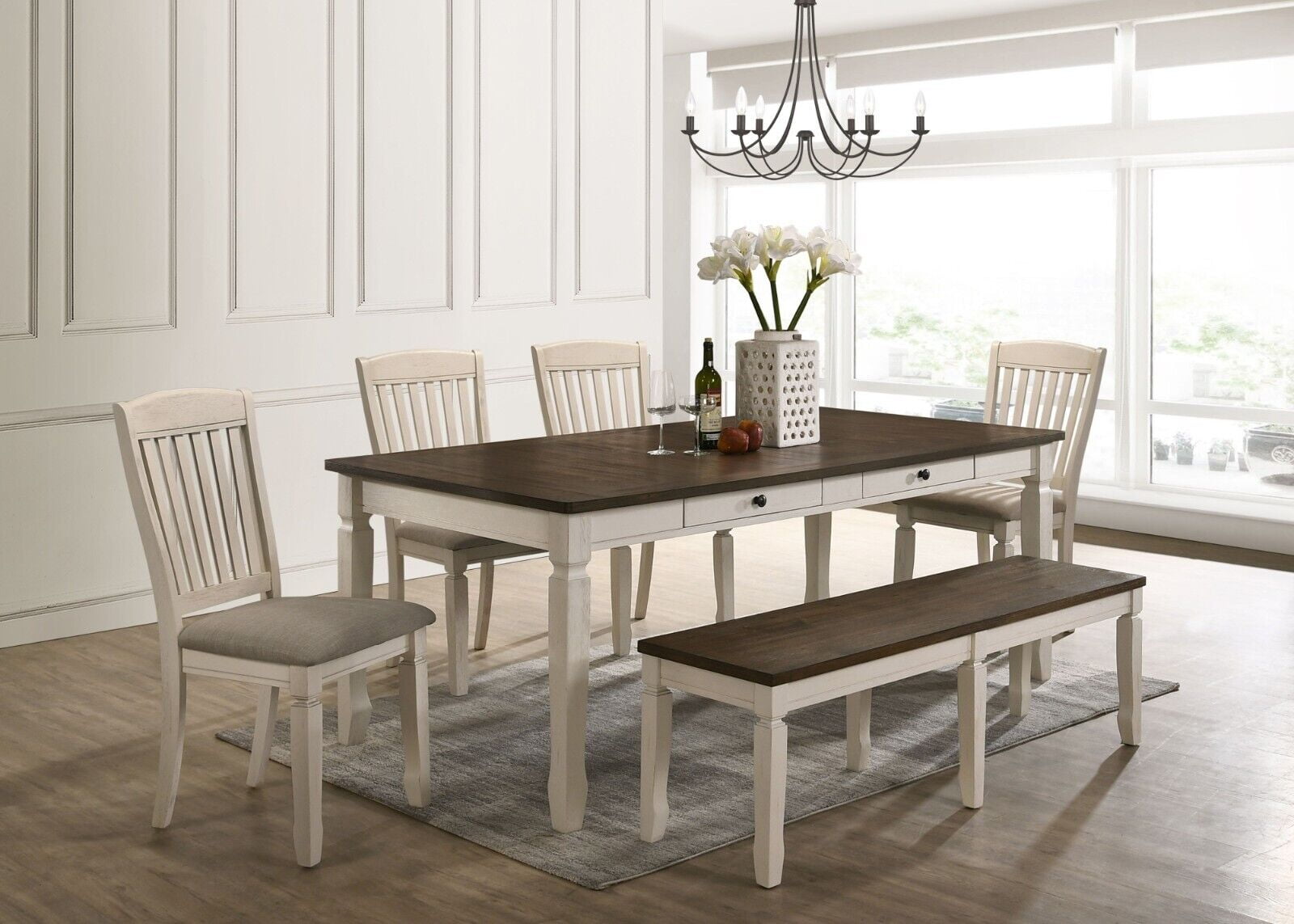 Beautiful Two-Tone Finish 6pc Dining Set Table with 2x Drawers 1 Bench ...
