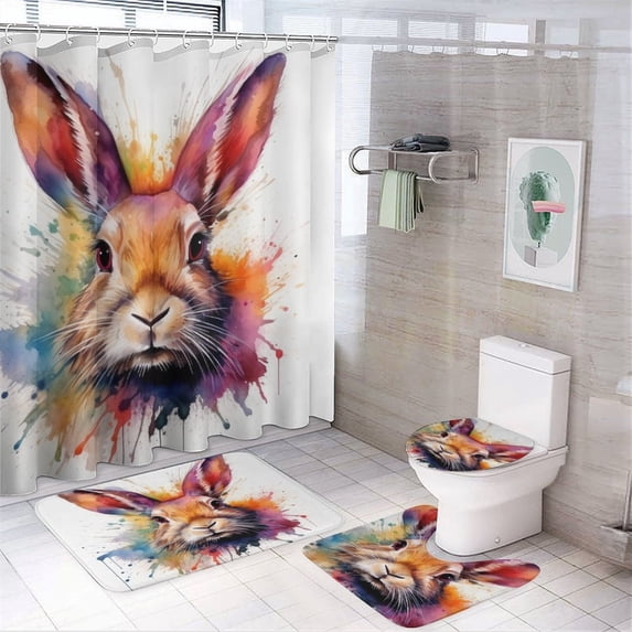 Beautiful Vibrant Watercolor Rabbit Shower Curtain Sets with Rugs 4 ...