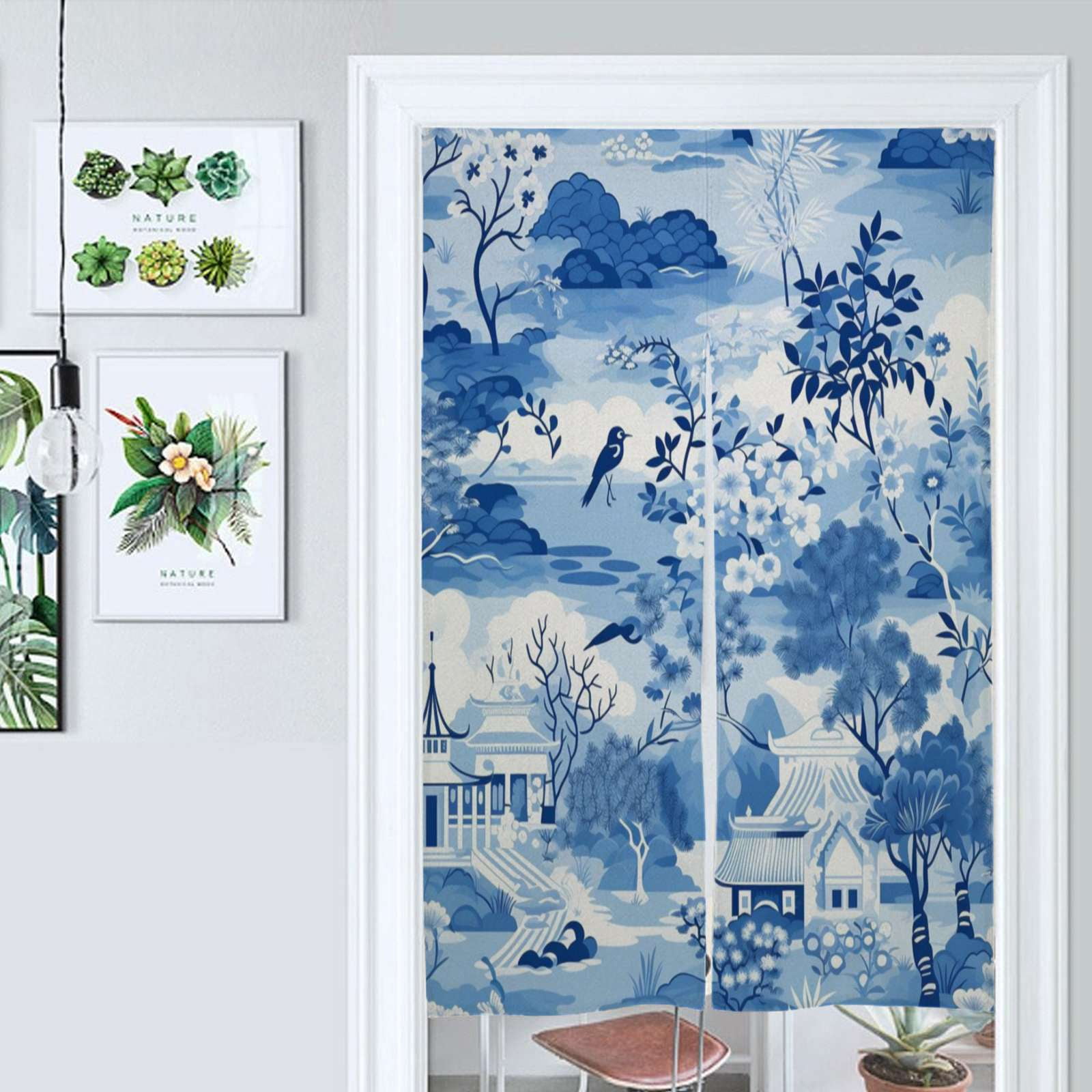 Beautiful Vintage Blue Chinoiserie Toile Bird Door Curtain Nordic ...