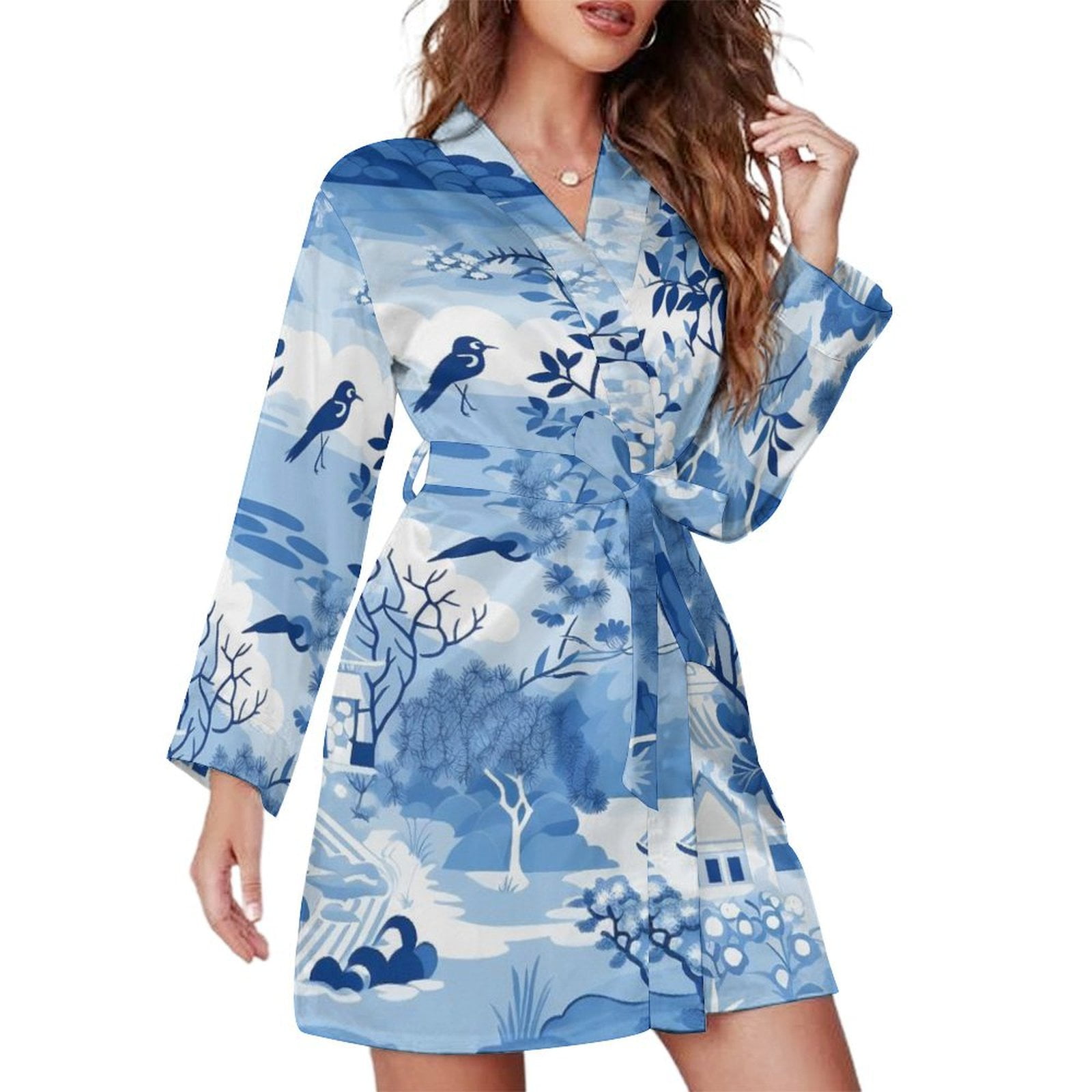 Beautiful Vintage Blue Chinoiserie Toile Bird Night Robe Long Sleeve V ...