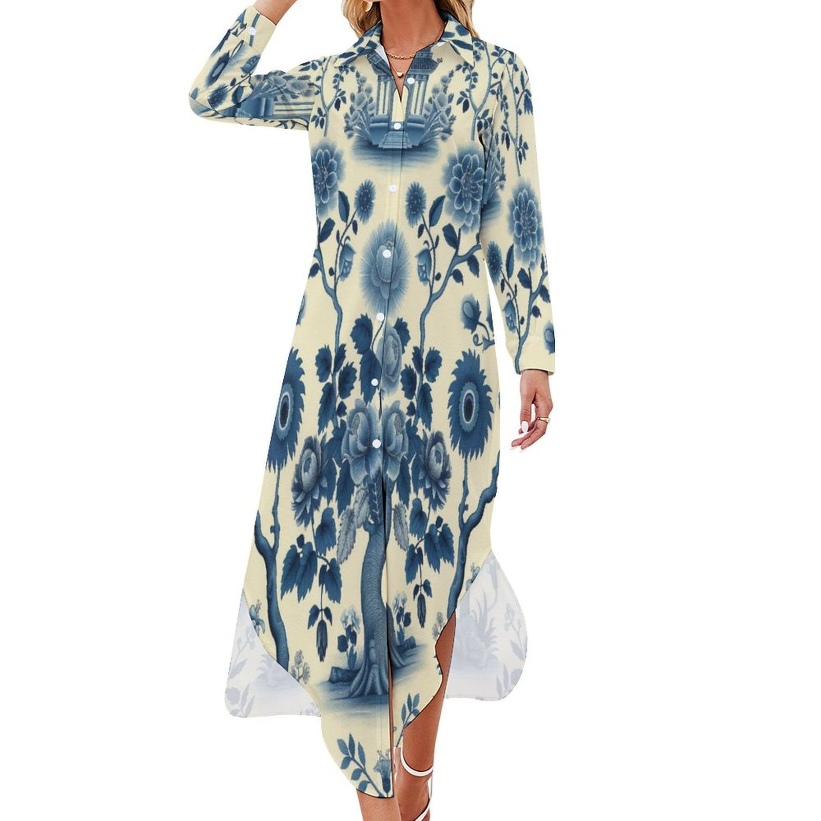 Beautiful Vintage Blue Chinoiserie Toile Shirt Dress Long Sleeve Street ...