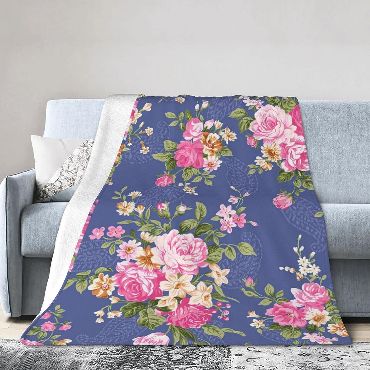 Beautiful Vintage Boho Rose Flower Blue Pink Fleece Blanket Throw ...