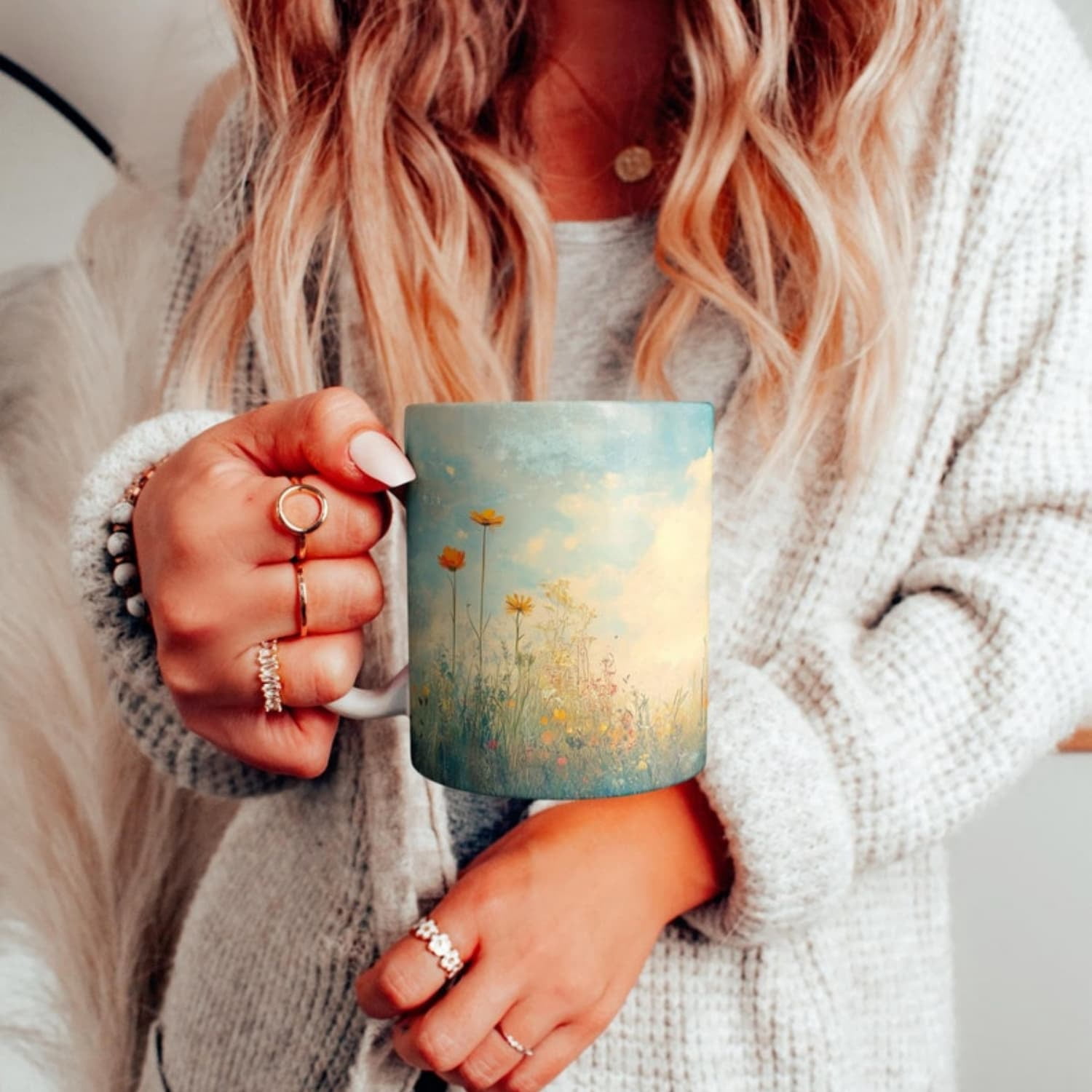 Beautiful Vintage Wildflower Field Mug, Flowers Below Cloudy Blue Sky ...