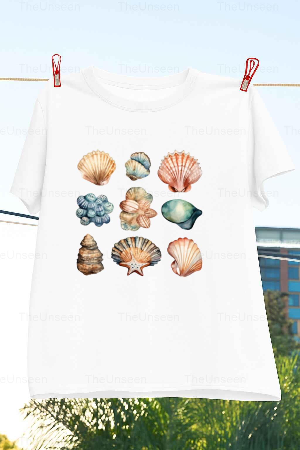Beautiful Watercolor Seashells Ocean Beach Conch Art Unisex T-Shirt up ...