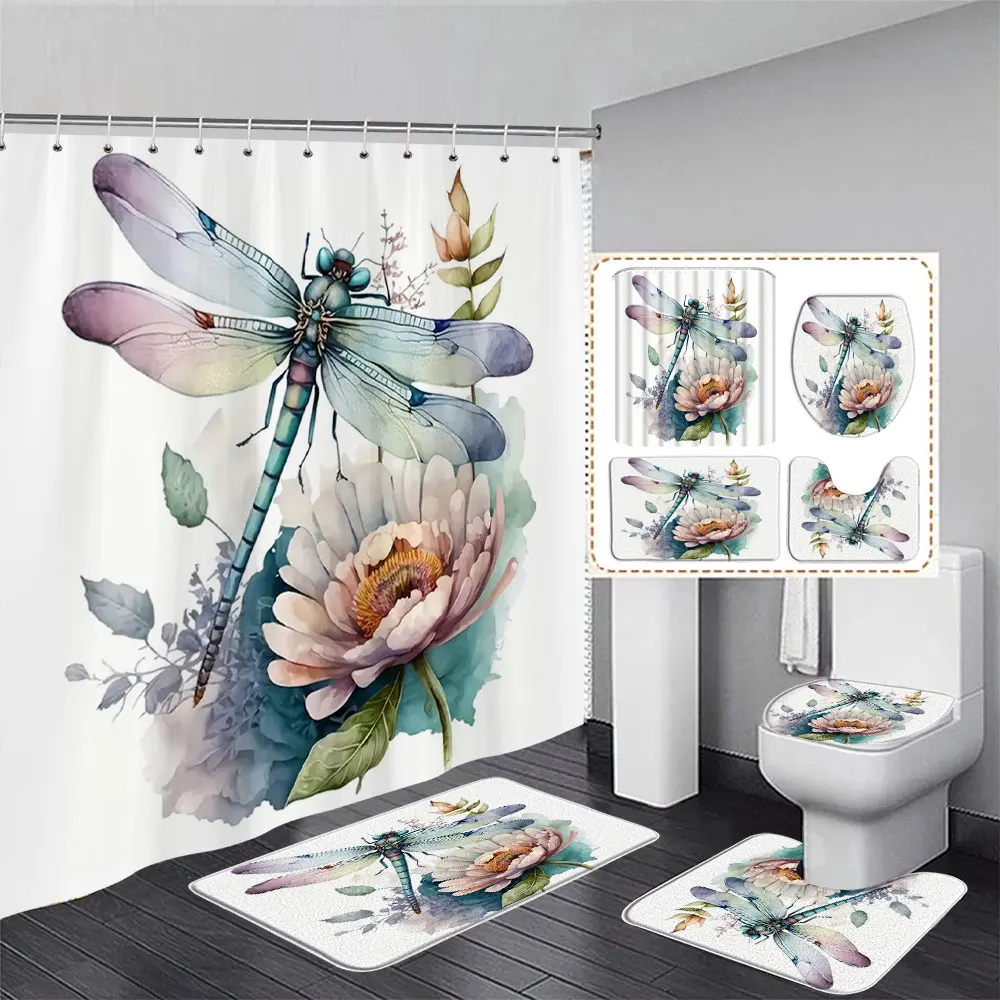 Beautiful Watercolour Dragonfly Shower Curtain and Rug Set Bohemian ...