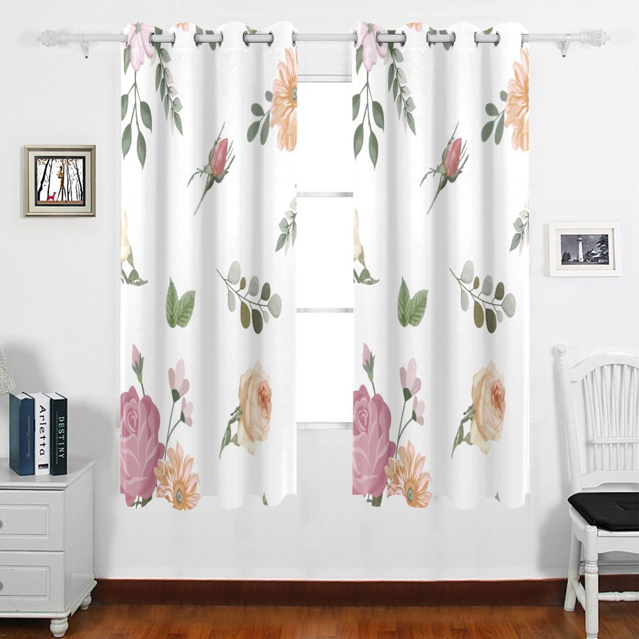 Beautiful Watercolour Flower Grommet Blackout Curtains Thermal Insulated Window Curtain Sets for ...