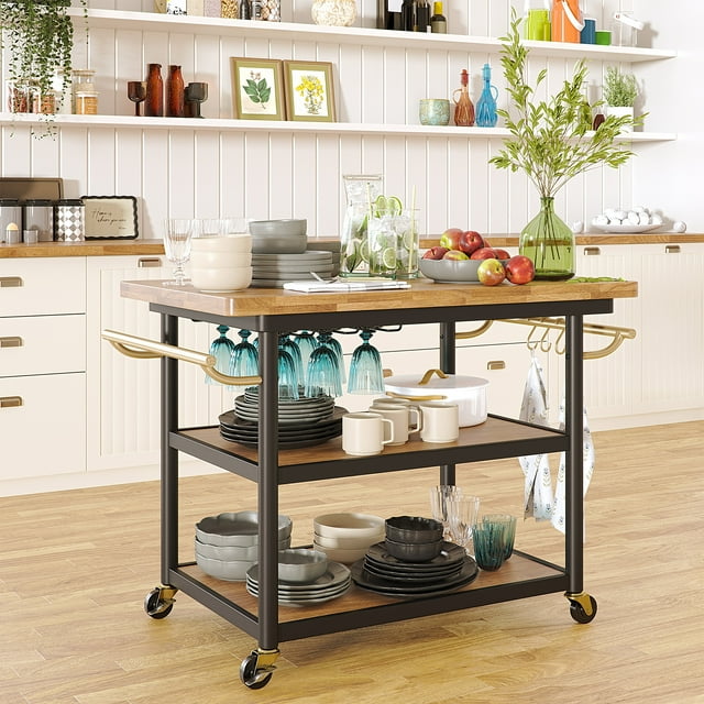 Beautiful Rolling Kitchen Island Cart with 2 Lower Shelves by Drew ...