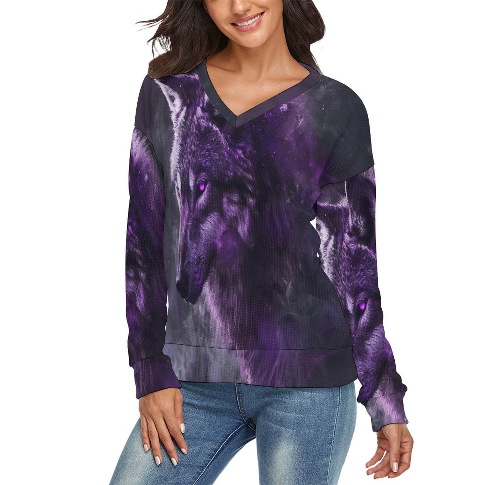 Beautiful Wolves Purple V-neck Sweater Winter Clothes Long Sleeve ...