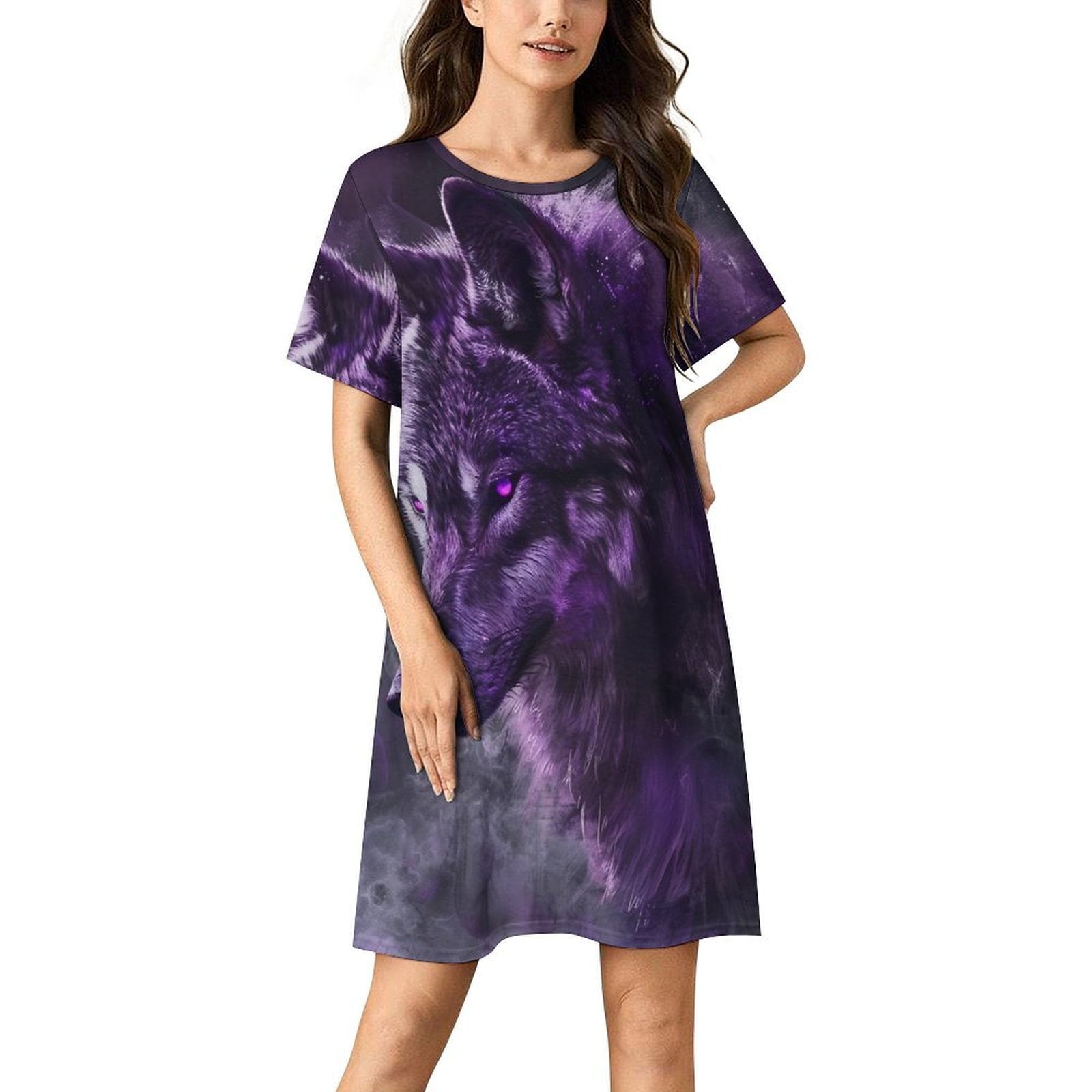 Beautiful Wolves Purple Women Nightgown Sleepwear Short Sleeves For ...