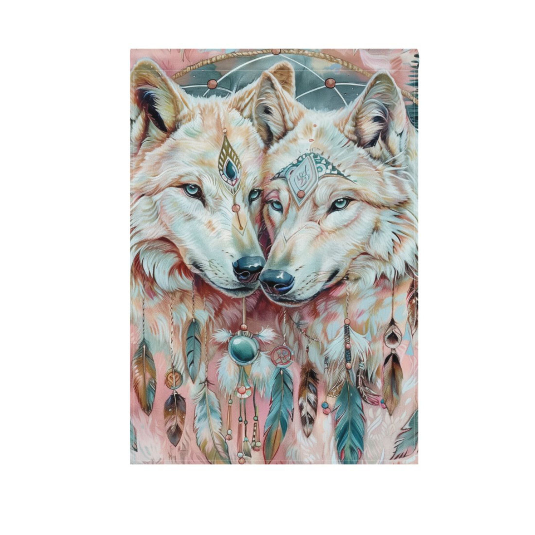 Beautiful Wolves with Feather Garden Flag 28X40 Double Sided Yard Flags ...