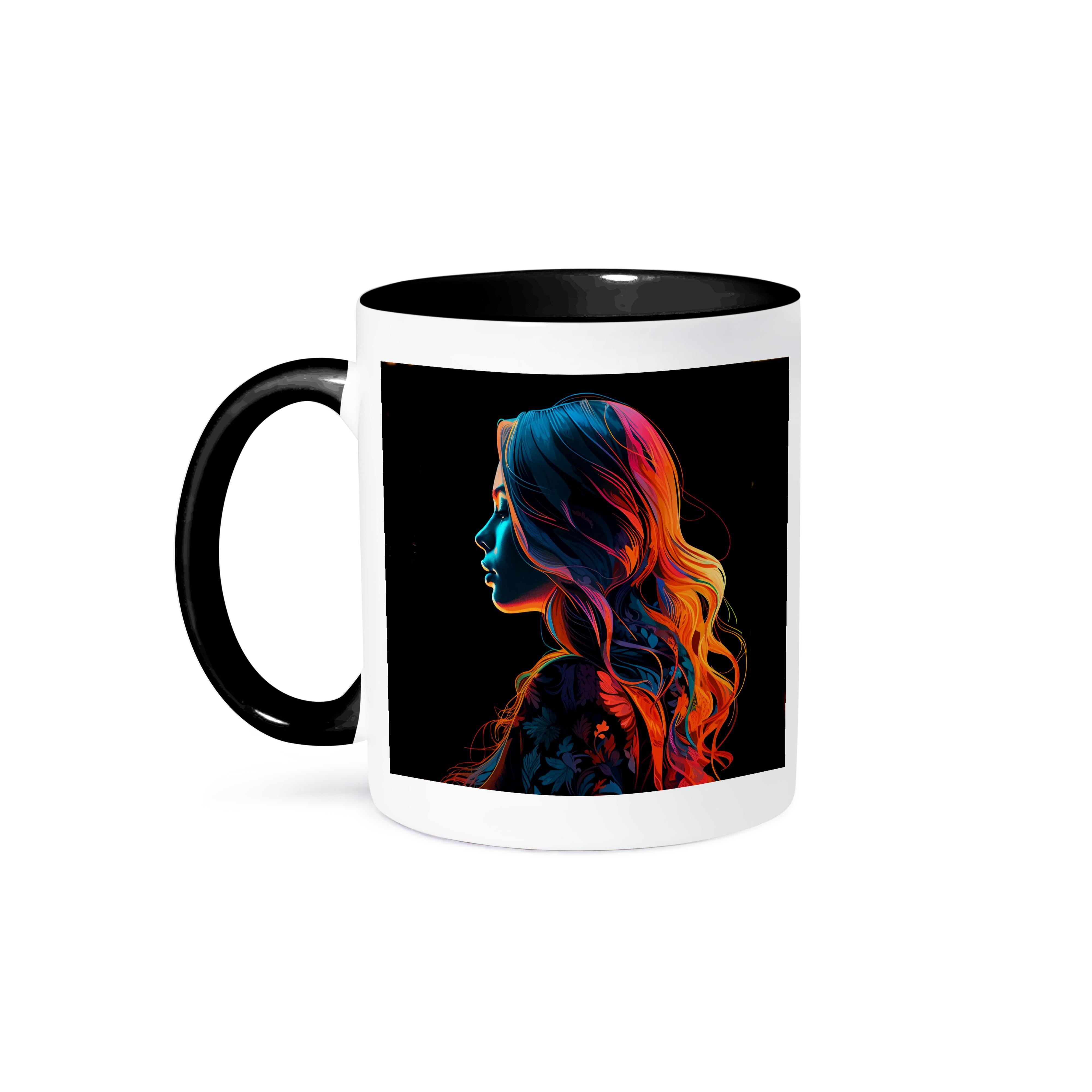 Beautiful Woman In Pink, Orange, And Blue Florals, 15oz Two-Tone Black ...