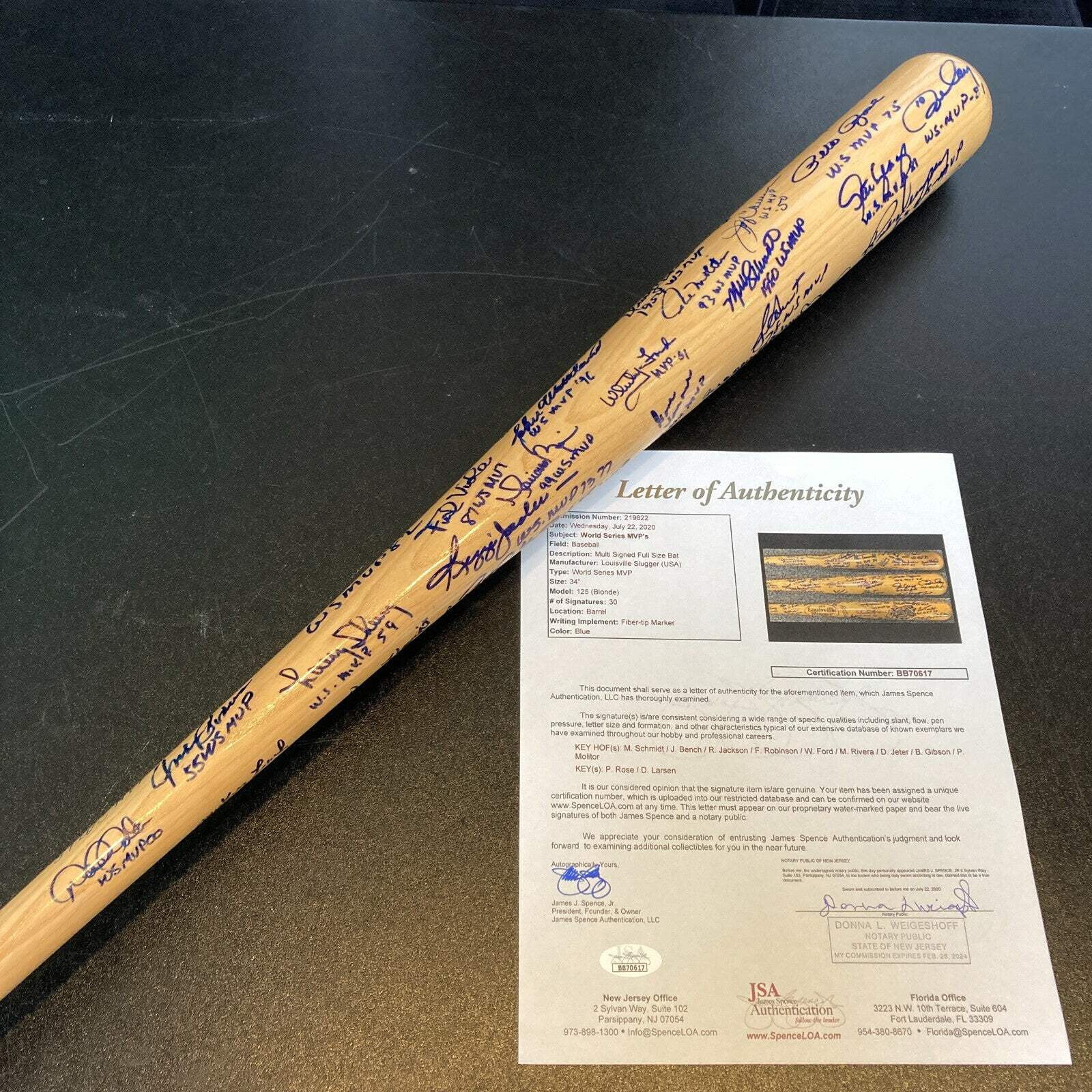 Beautiful World Series MVP's Multi Signed Bat 35+ Sigs With Derek Jeter ...