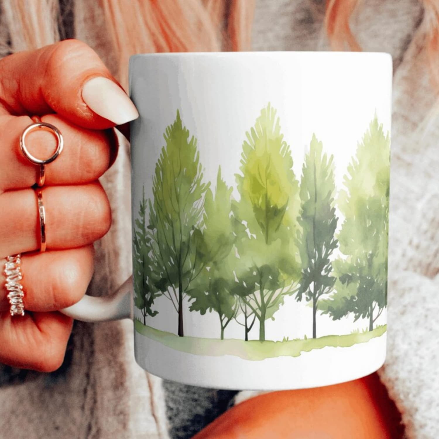 Beautiful est Scenery Coffee Cup, Green Watercolor Trees Ceramic Mug ...