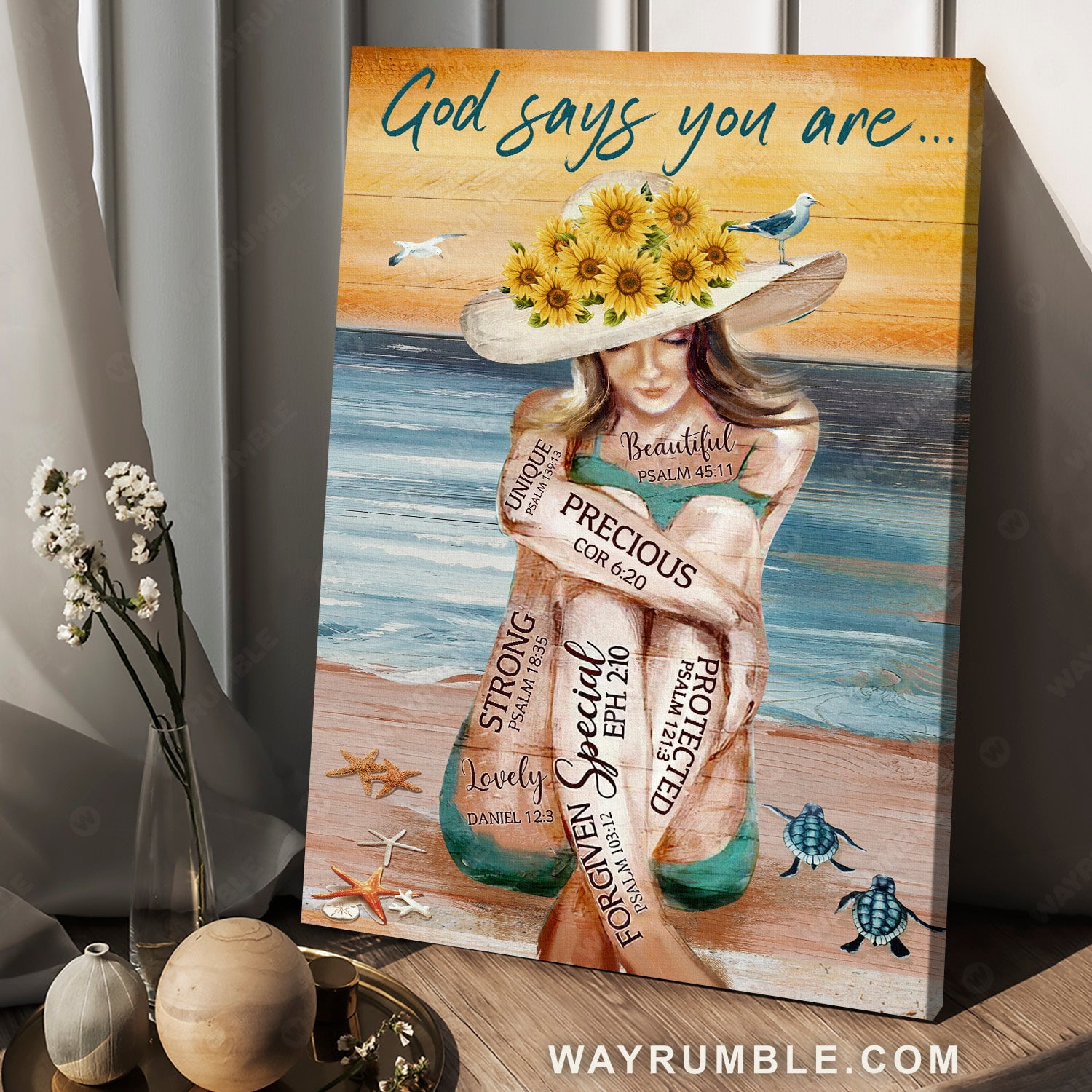 Beautiful girl, Sunflower hat, On the beach, God says you are protected ...