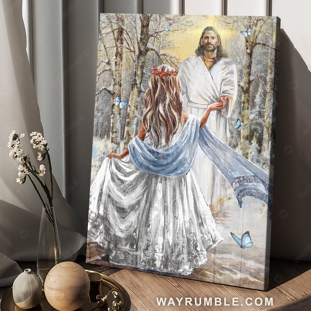 Beautiful lady, Snowy forest, Blue butterfly, Amazing Jesus painting ...