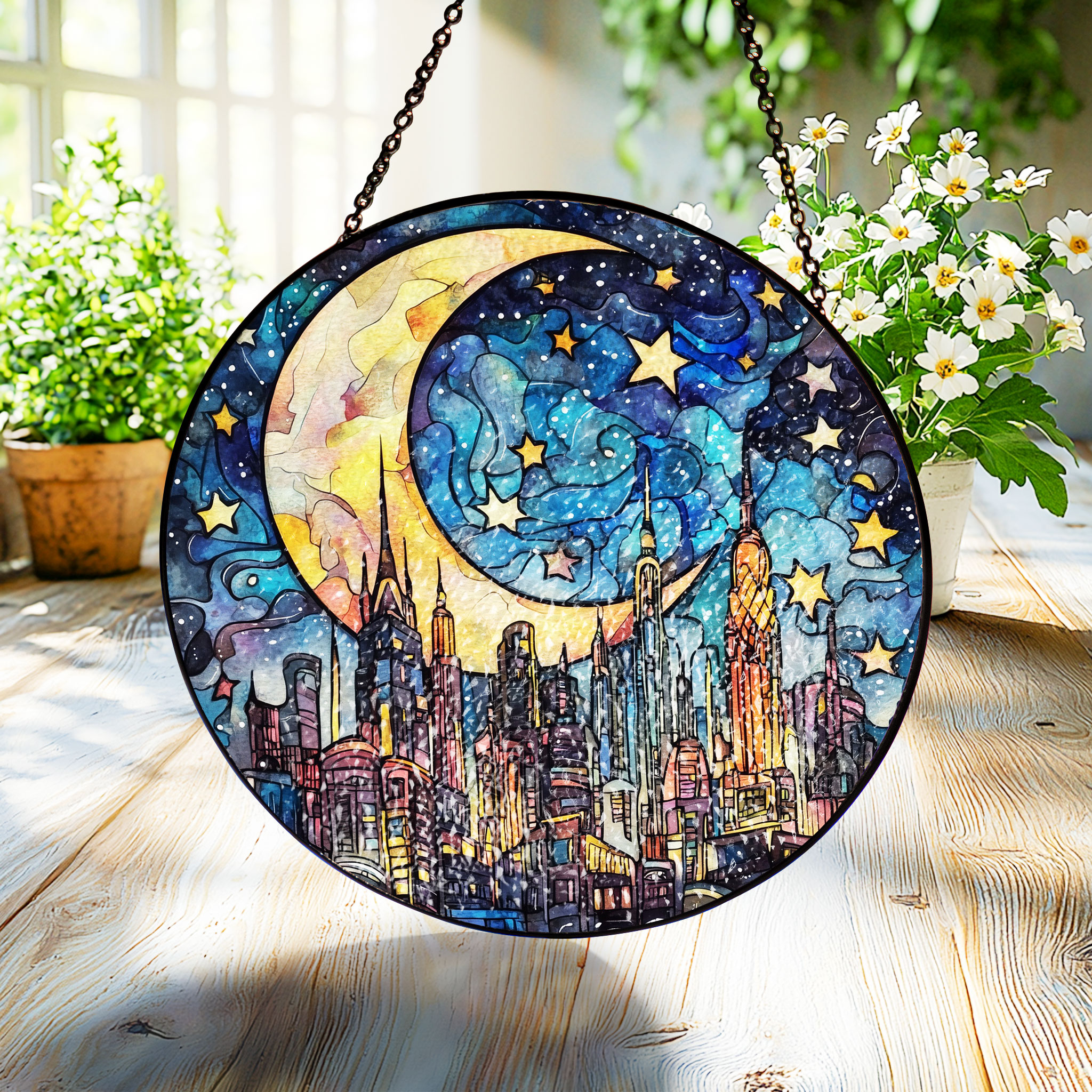 Beautiful moonlit city glass art suncatcher, colorful night sky and ...