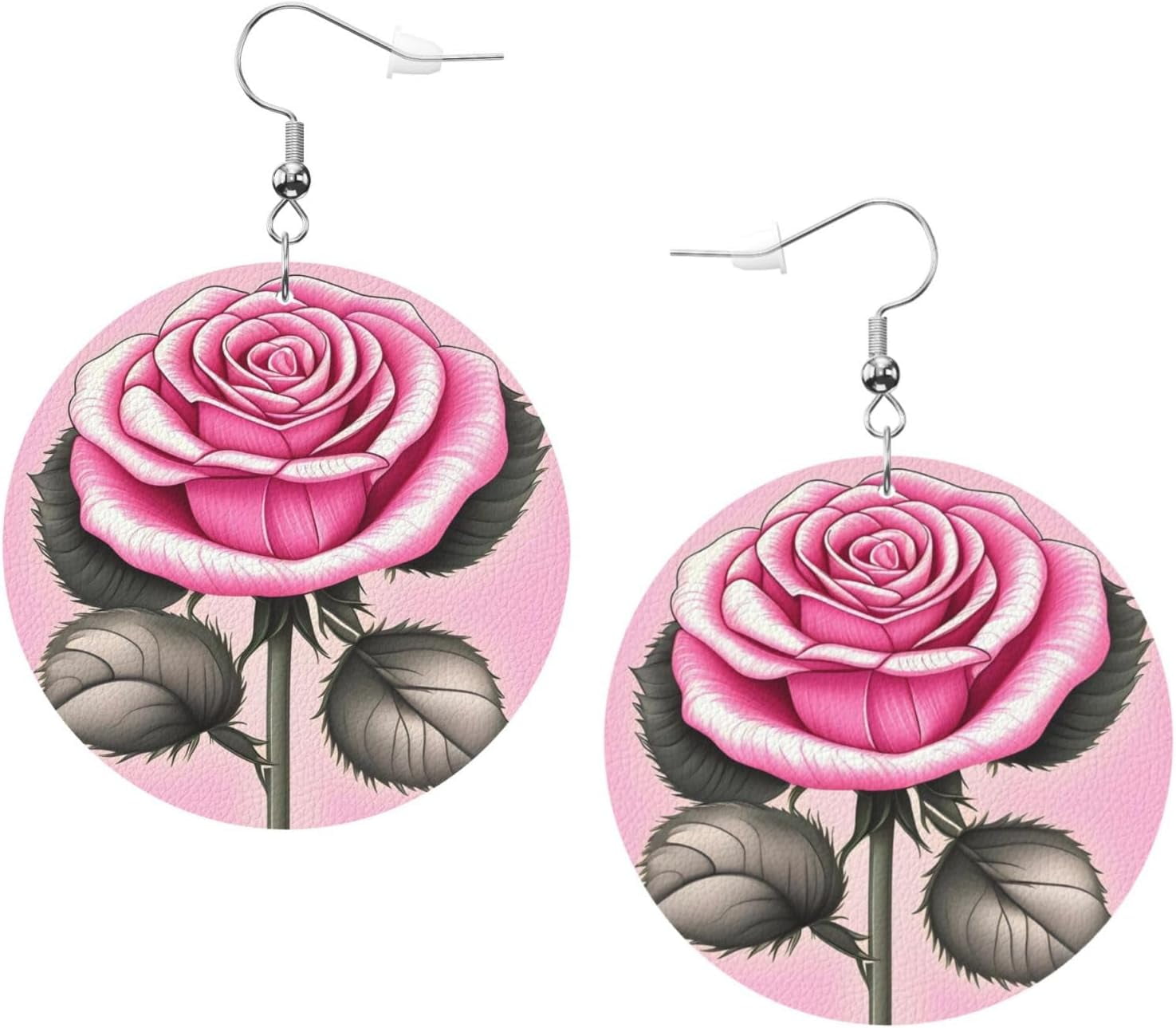 Beautiful pink rosesWhite Women's Round Leather Earrings, 925 Silver ...
