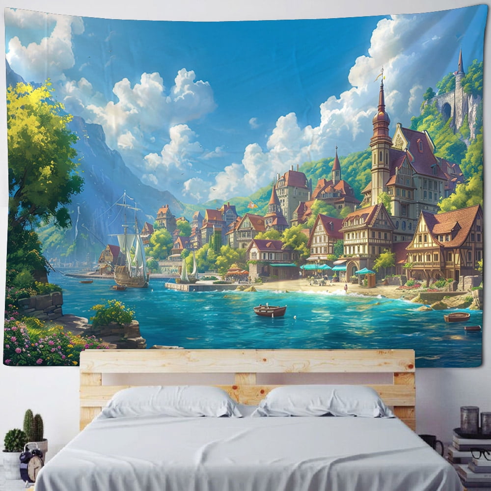Beautiful seaside scenery tapestry wall hanging dreamy castle tapestry ...