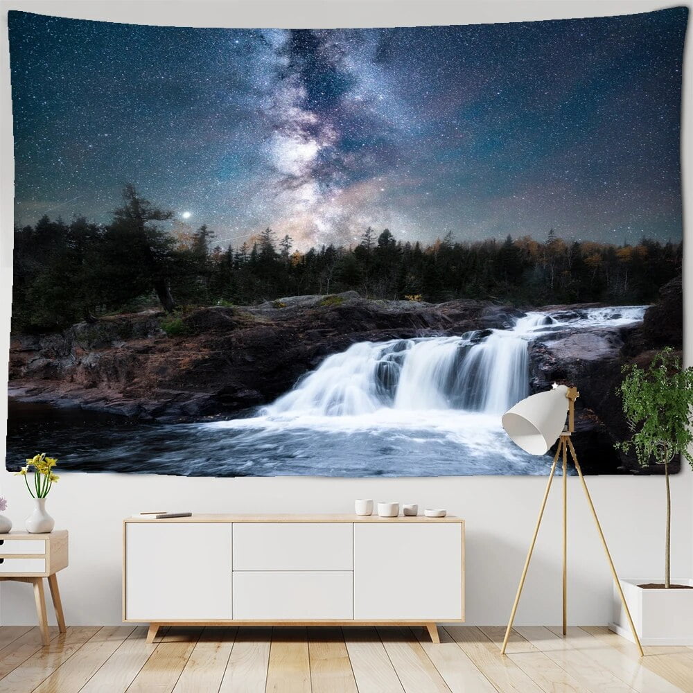 Beautiful starry sky Waterfall Landscape art tapestry Hippie Bohemian decoration large bed ...