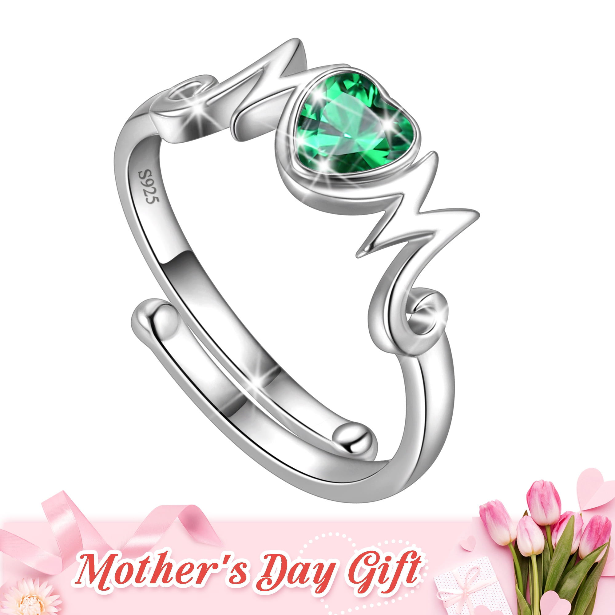 Beautlace 925 Sterling Silver Heart Mom Mother Rings,Birthstone ...