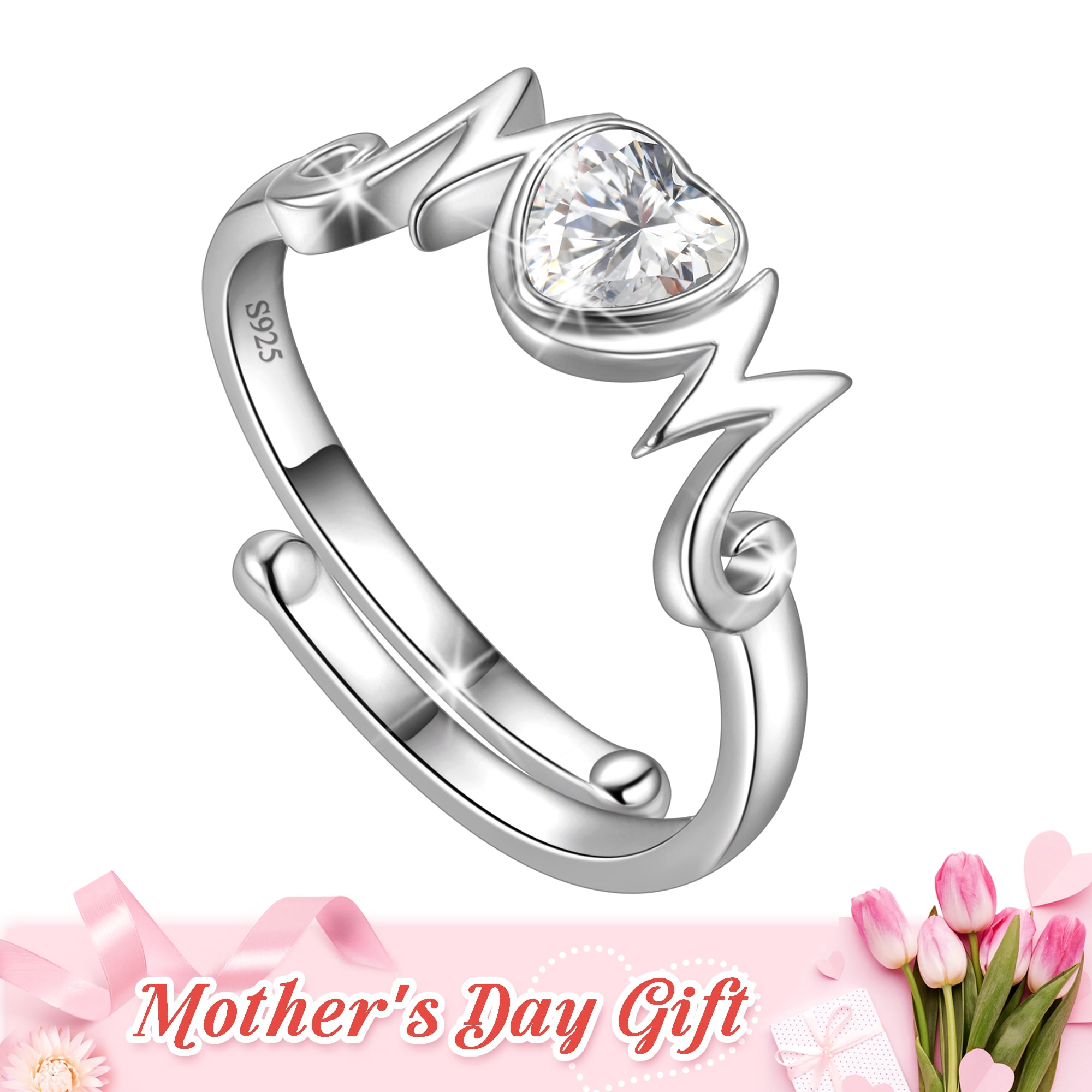 Beautlace 925 Sterling Silver Heart Mom Mother Rings,Cubic Zirconia ...