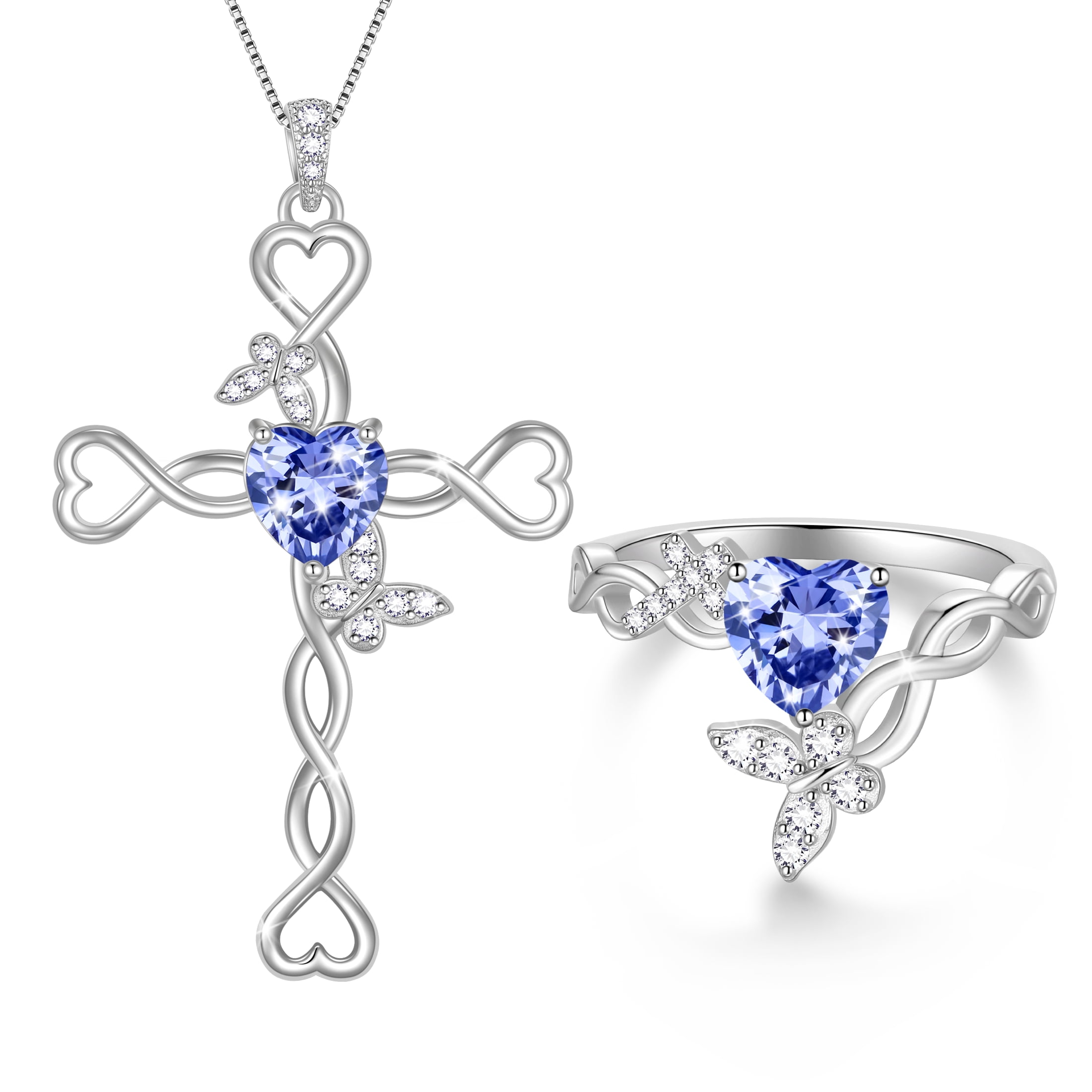 Beautlace Birthstone Cross Necklace Ring Set for Women,18K White Gold ...