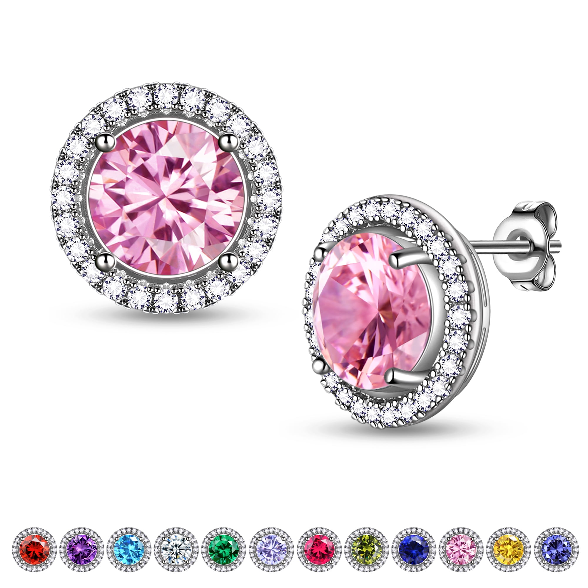 Beautlace Birthstone Stud Earrings,Silver Plated Round Shape Birthstone Earrings Bridal Jewelry ...