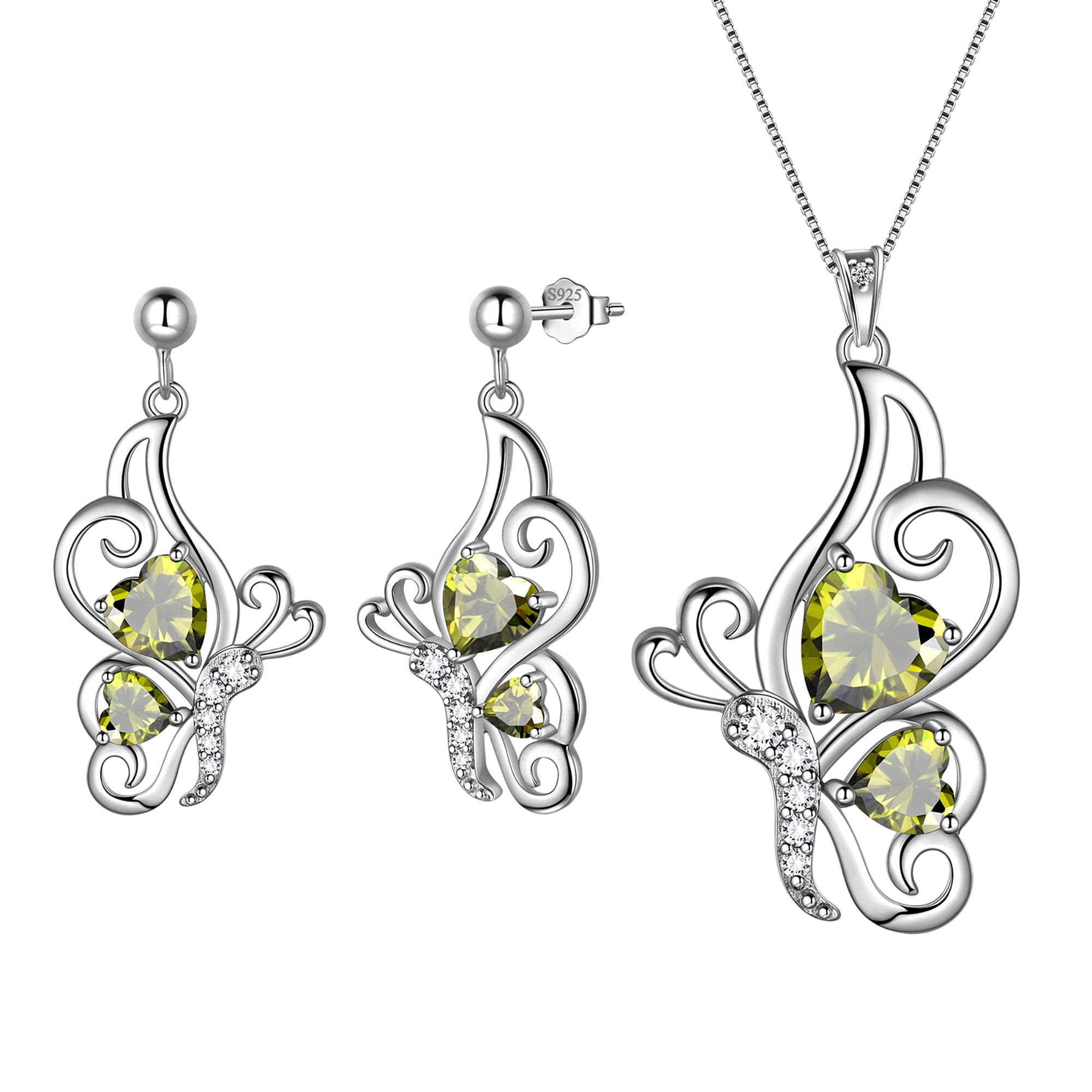 Beautlace Butterfly Heart Jewelry Set,925 Sterling Silver August Peridot Birthstone Pendant ...