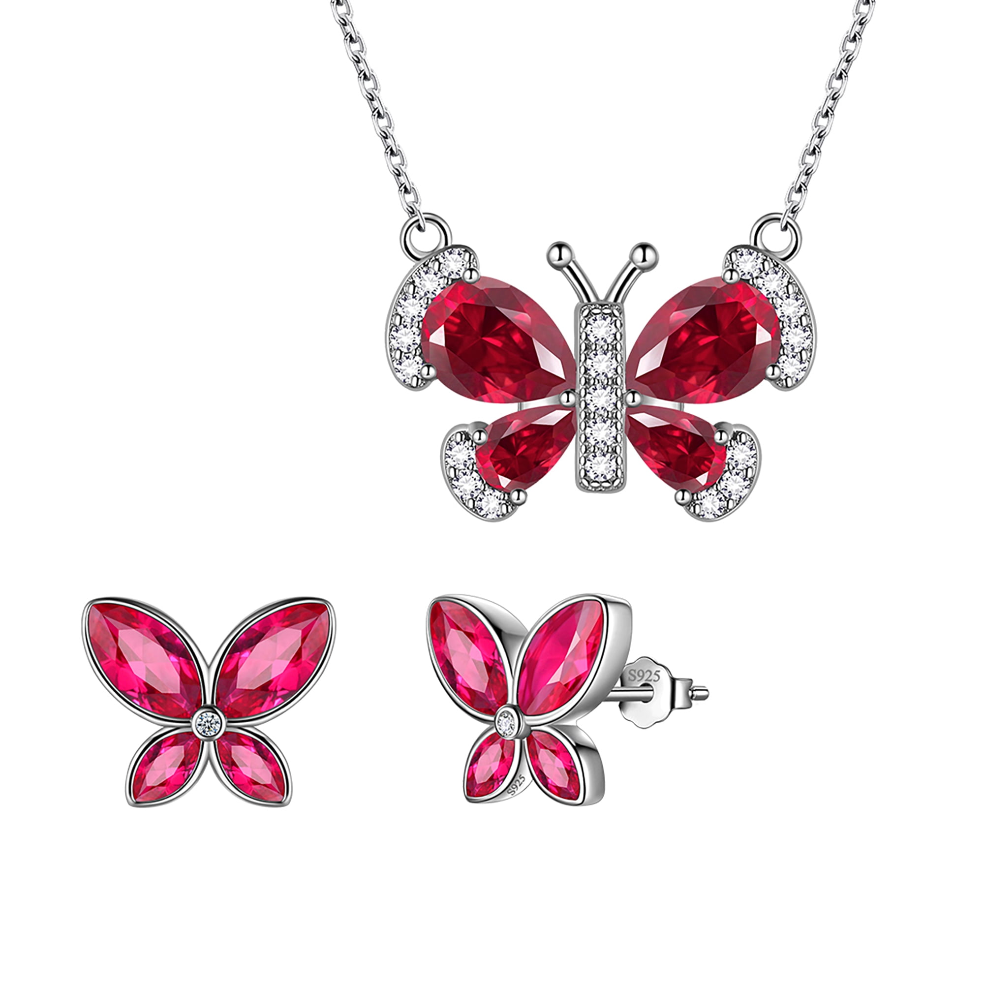 Beautlace Butterfly Jewelry Set,925 Sterling Silver Ruby Gemstone Birthstone Pendant Necklace ...