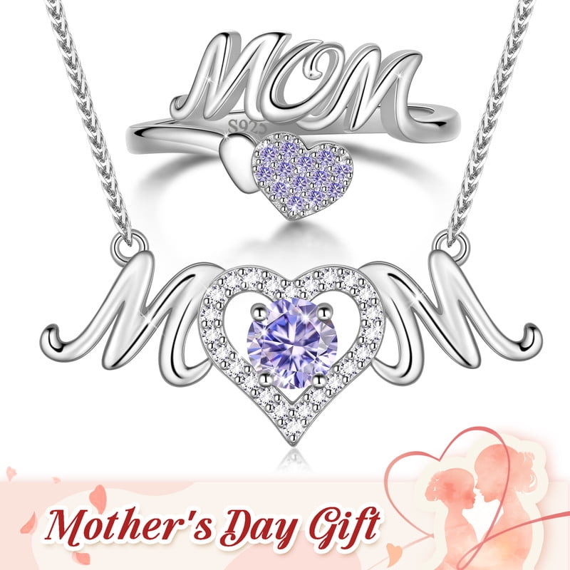 Beautlace Mom Necklace and Ring Set,925 Sterling Silver Love Heart June ...