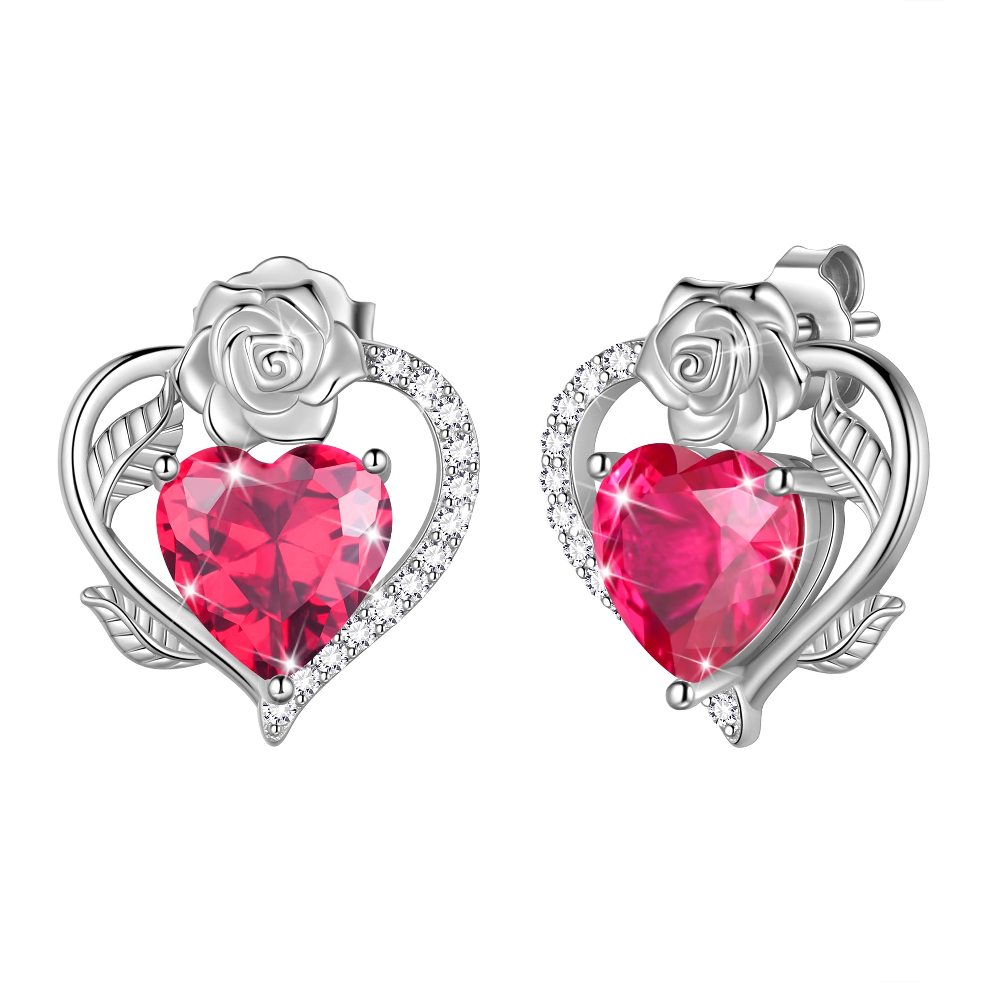 Beautlace Rose Heart Birthstone Earrings,July Birthstone Rose Flower ...