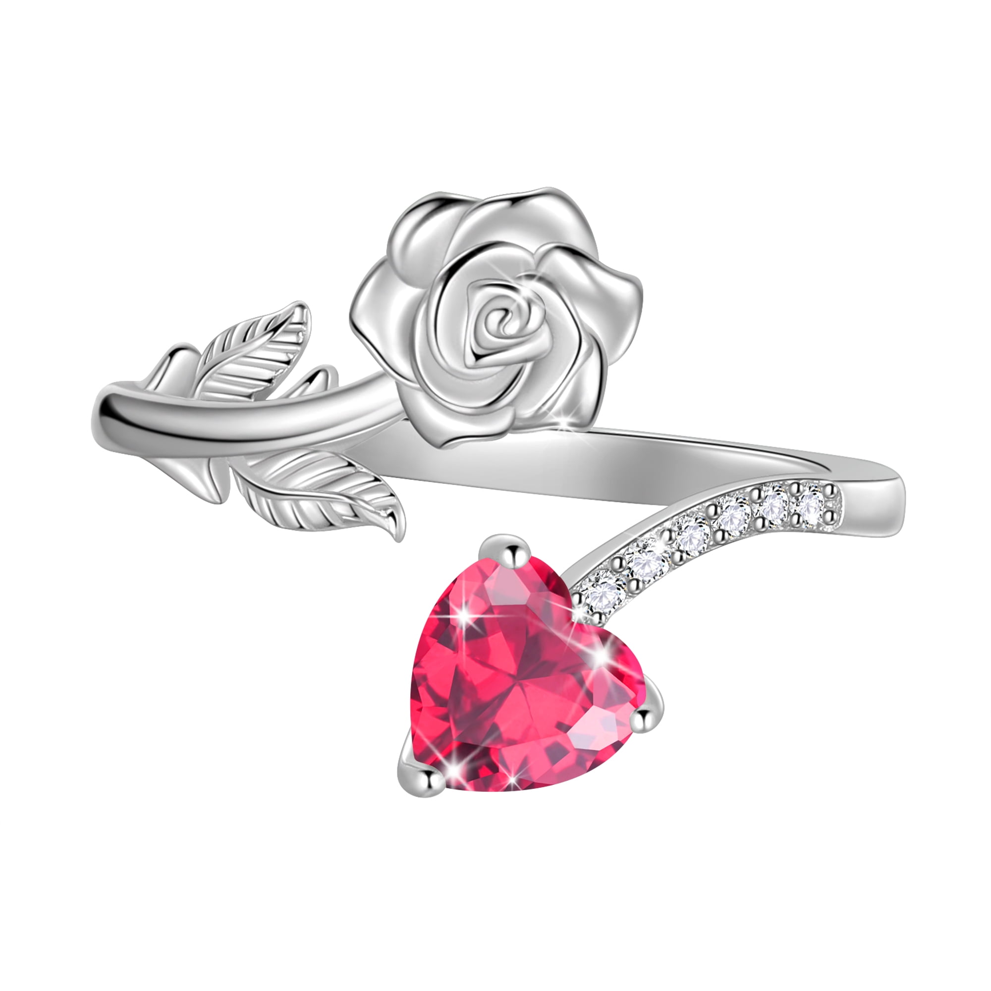 Beautlace Rose Heart Birthstone Ring, 925 Sterling Silver Adjustable ...