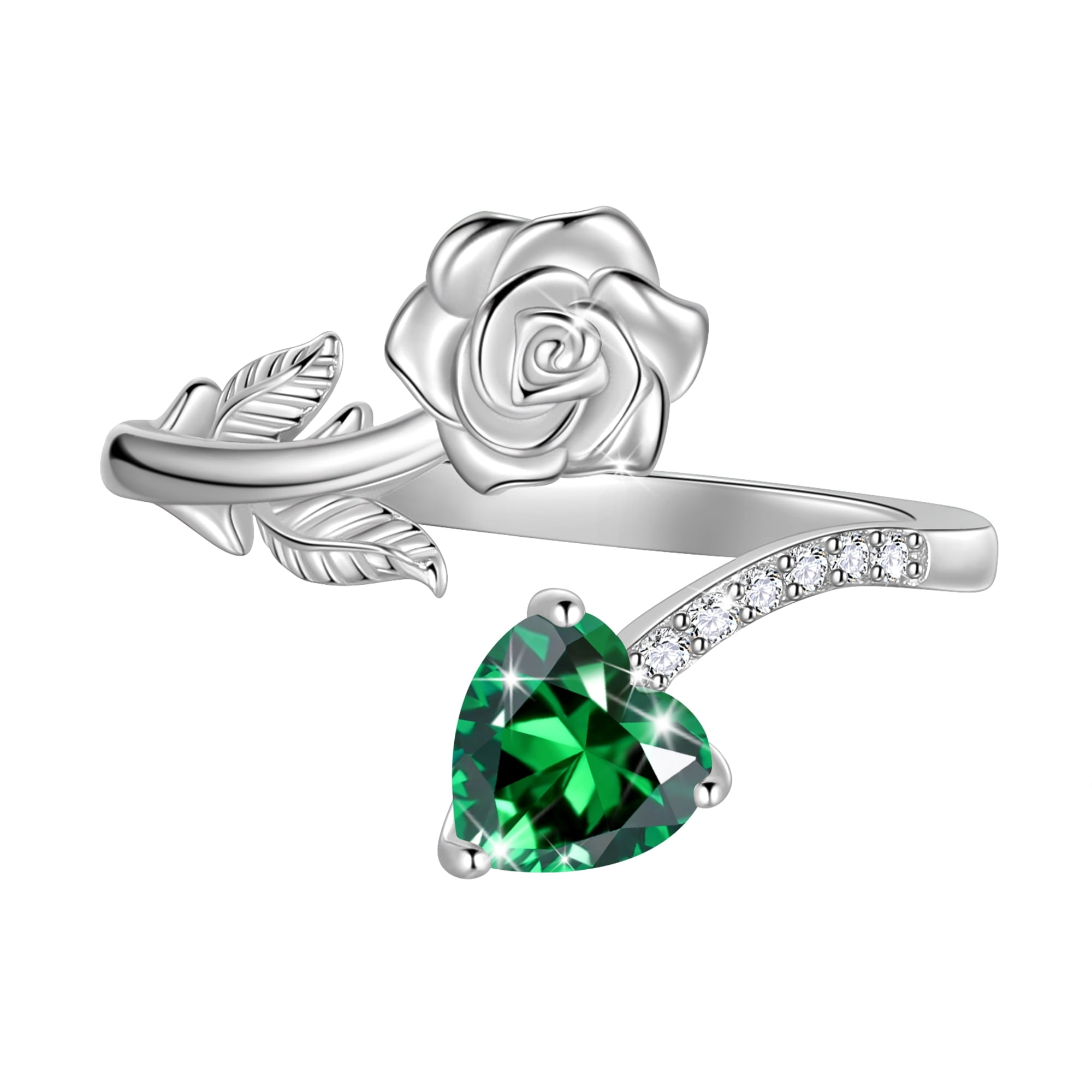 Beautlace Rose Heart Birthstone Ring,925 Sterling Silver Adjustable ...