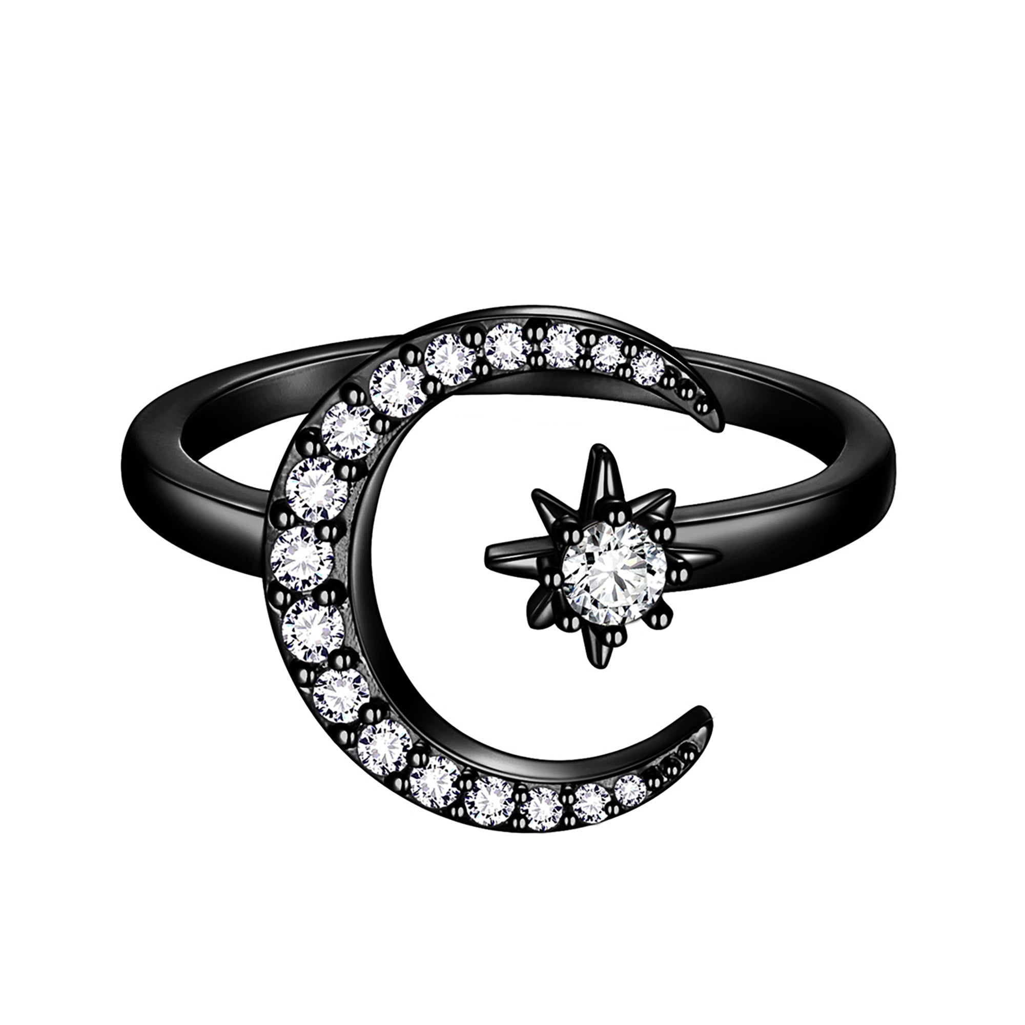 Beautlace Star and Moon Adjustable Rings,Black Plated Crescent Moon Stars Open Ring Jewelry for ...