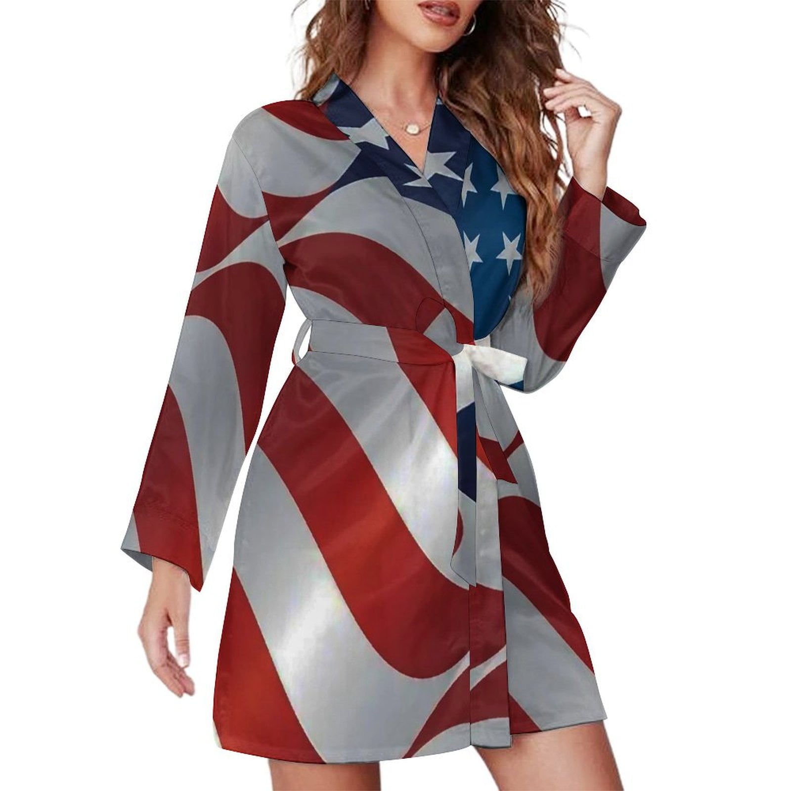 Beauty American Flag With Light Effect Night Robe Long Sleeve V Neck ...