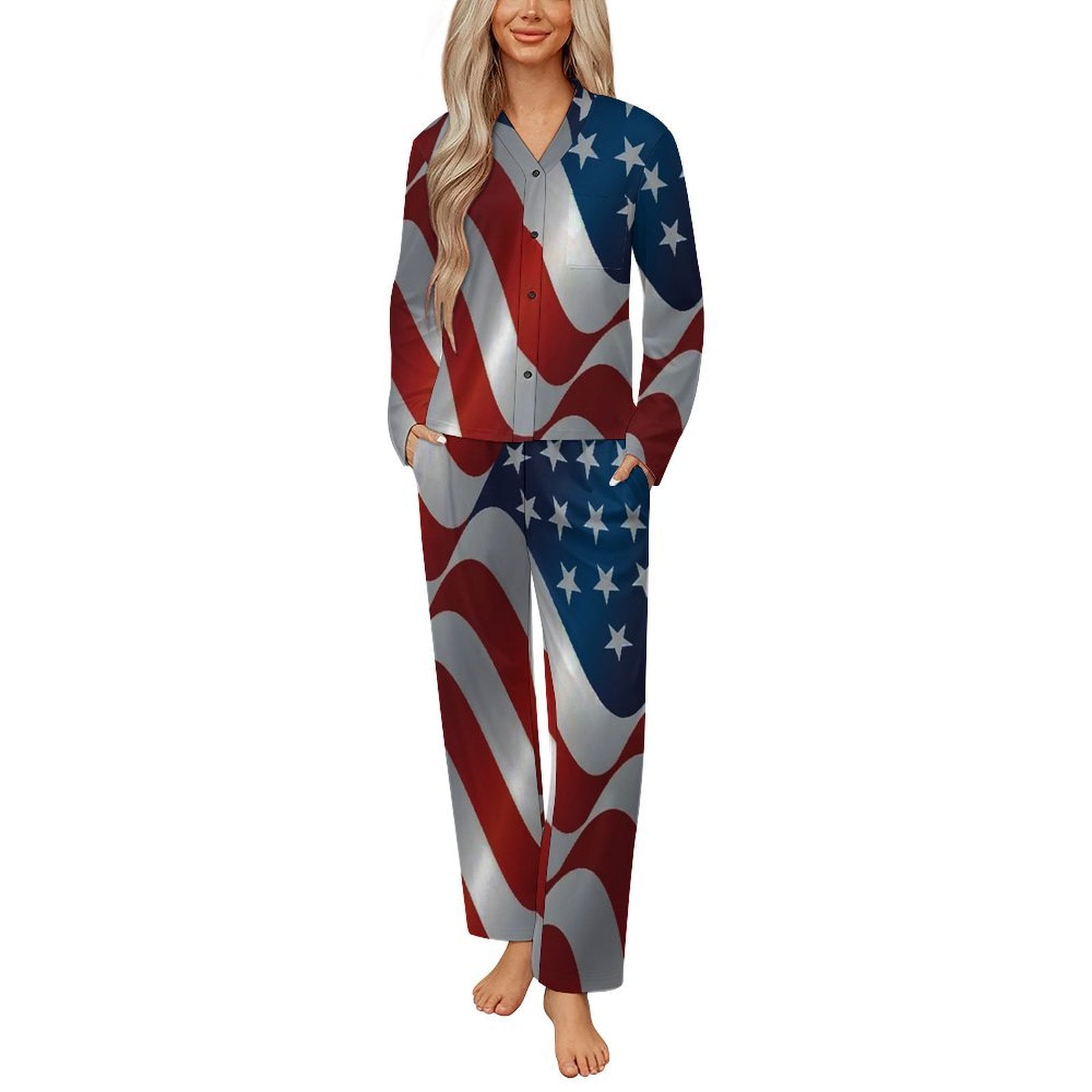 Beauty American Flag With Light Effect Womens Pyjamas Set Button Up ...