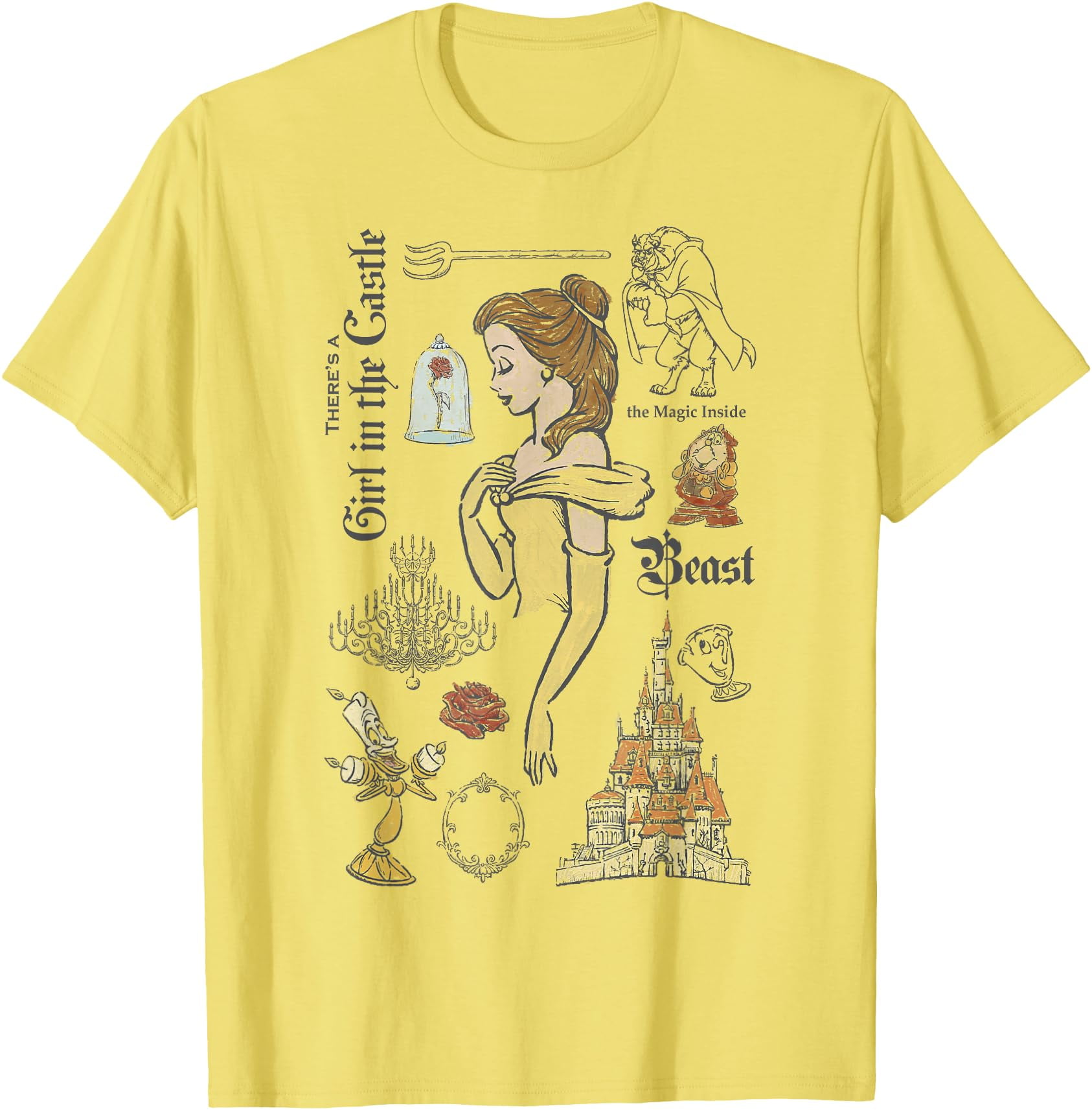 Beauty And The Beast Characters Sketched DTG Print Unisex T-Shirt,Cornsilk Color,Size 2XL ...