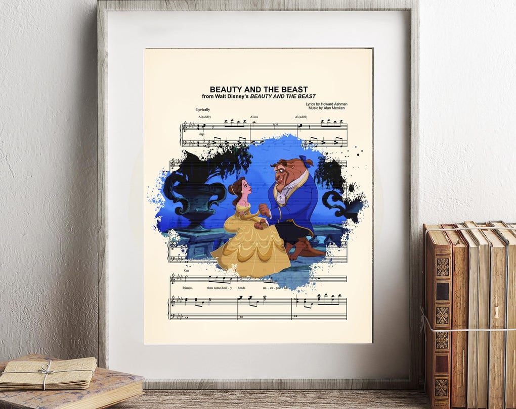 Beauty And The Beast Sitting On Balcony Splatter Sheet Music Art Print ...