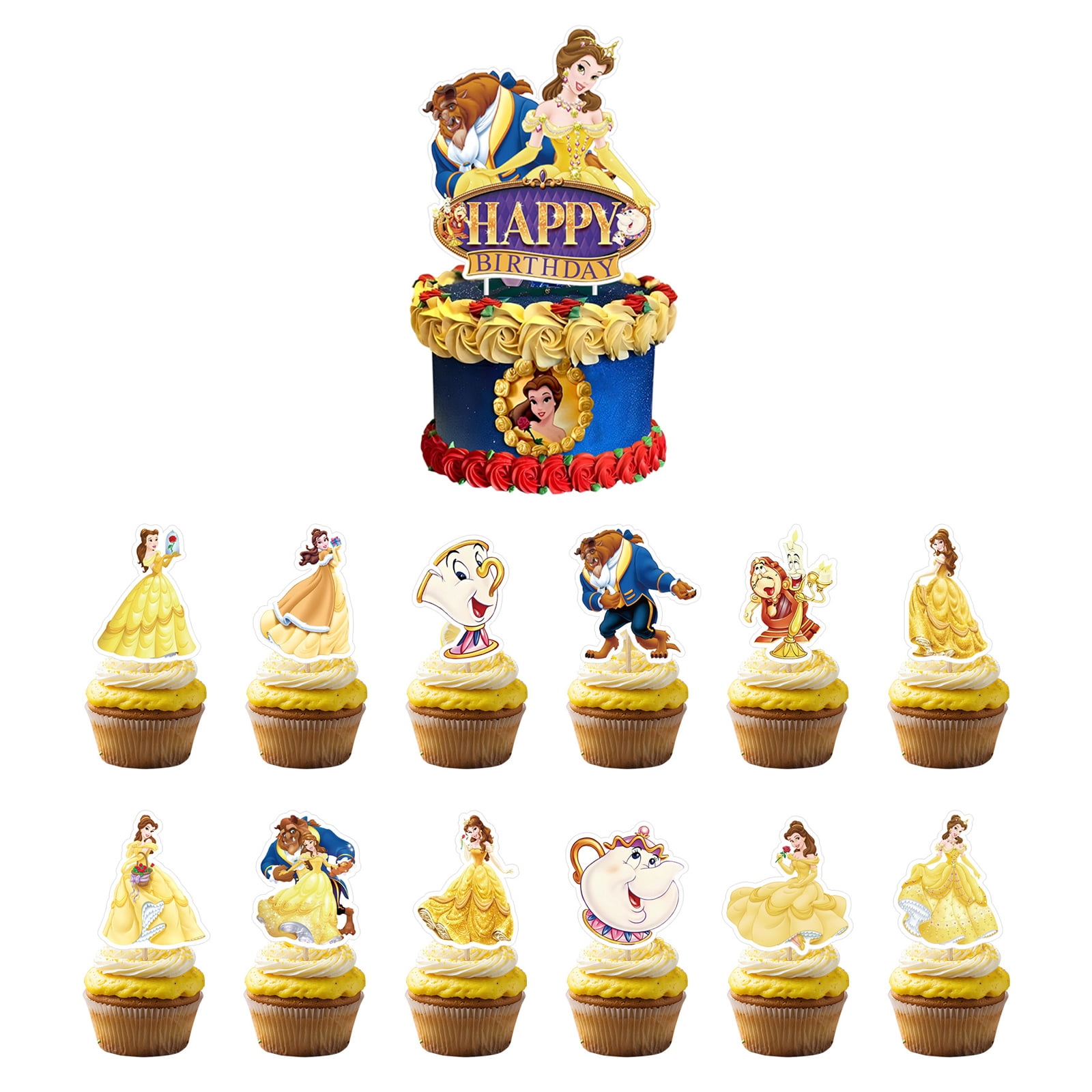 Beauty and Beast Birthday Cake Topper Set – 1 Large “Happy Birthday ...