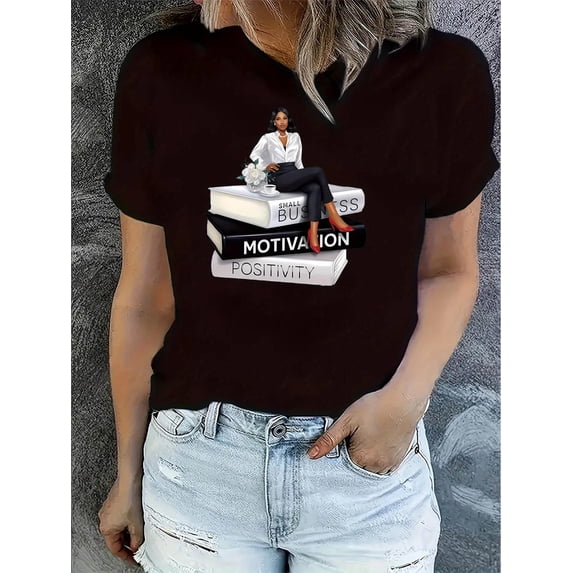 Beauty & Books Print Short Sleeve Crew Neck T-shirt, Casual Sports ...