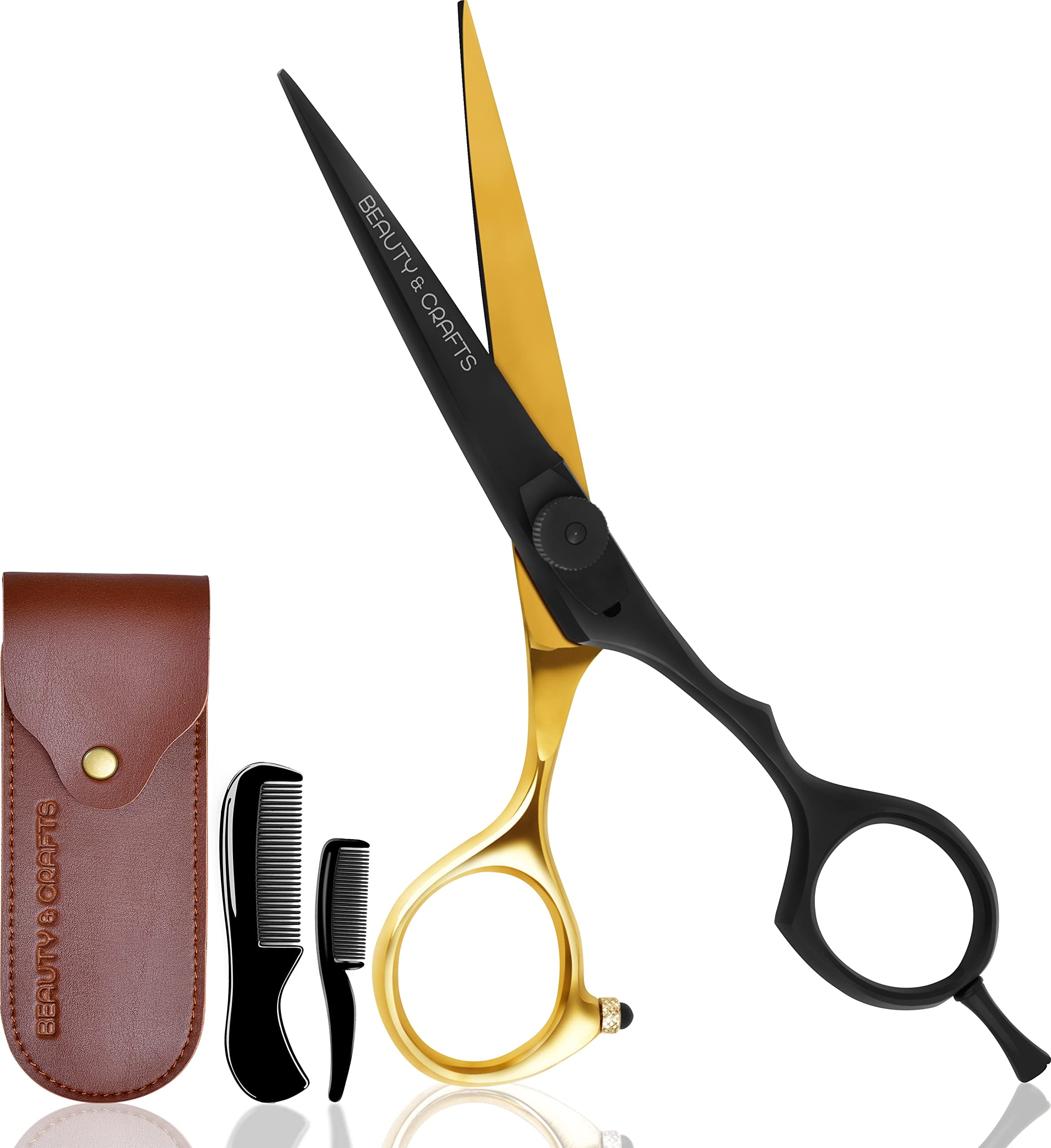 Beauty & Crafts 5’’ Japanese Beard and Mustache Scissors with 2 Mustache Combs and a Carrying ...