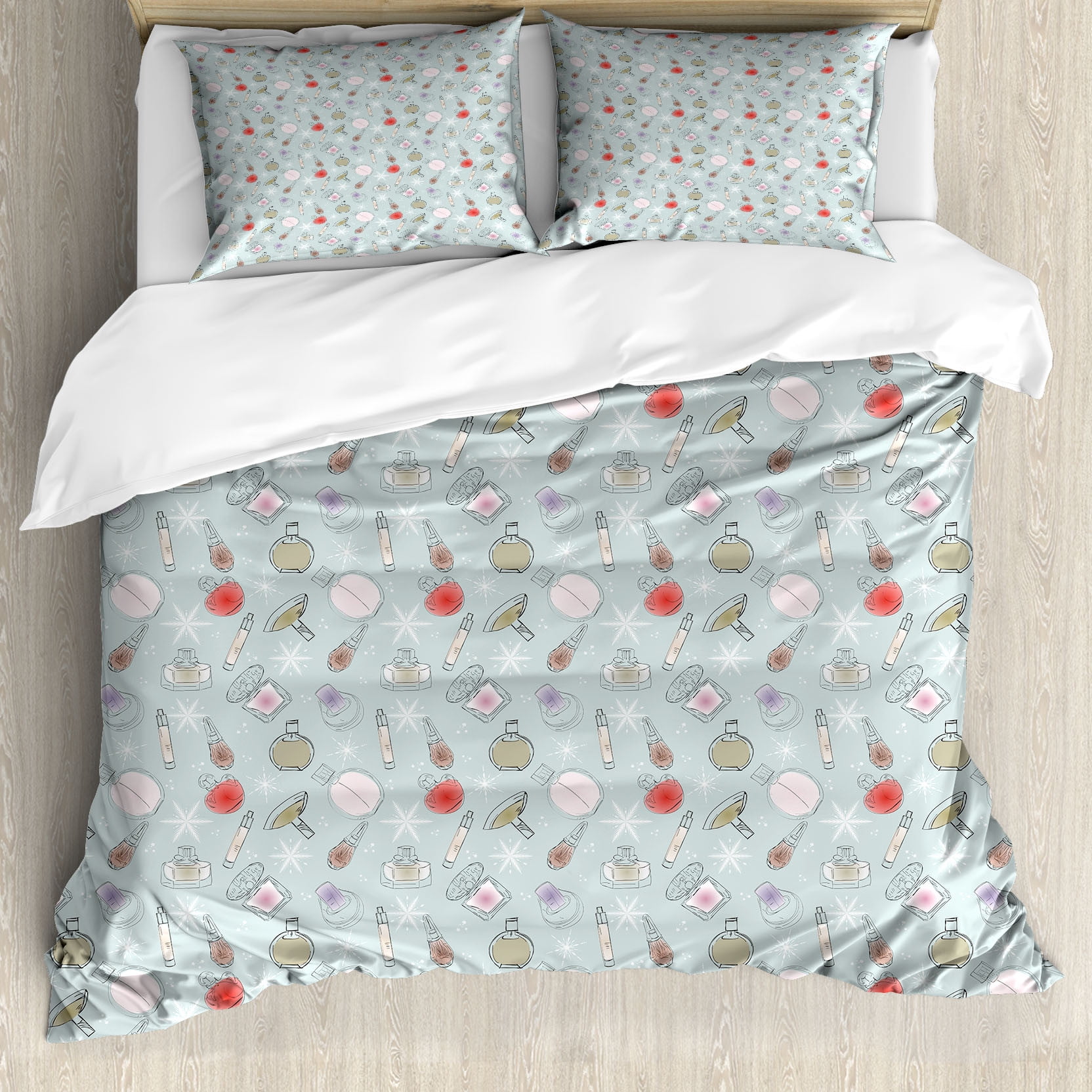 Beauty Duvet Cover Set, Makeup Cosmetic Theme Hand Drawn Perfumes ...