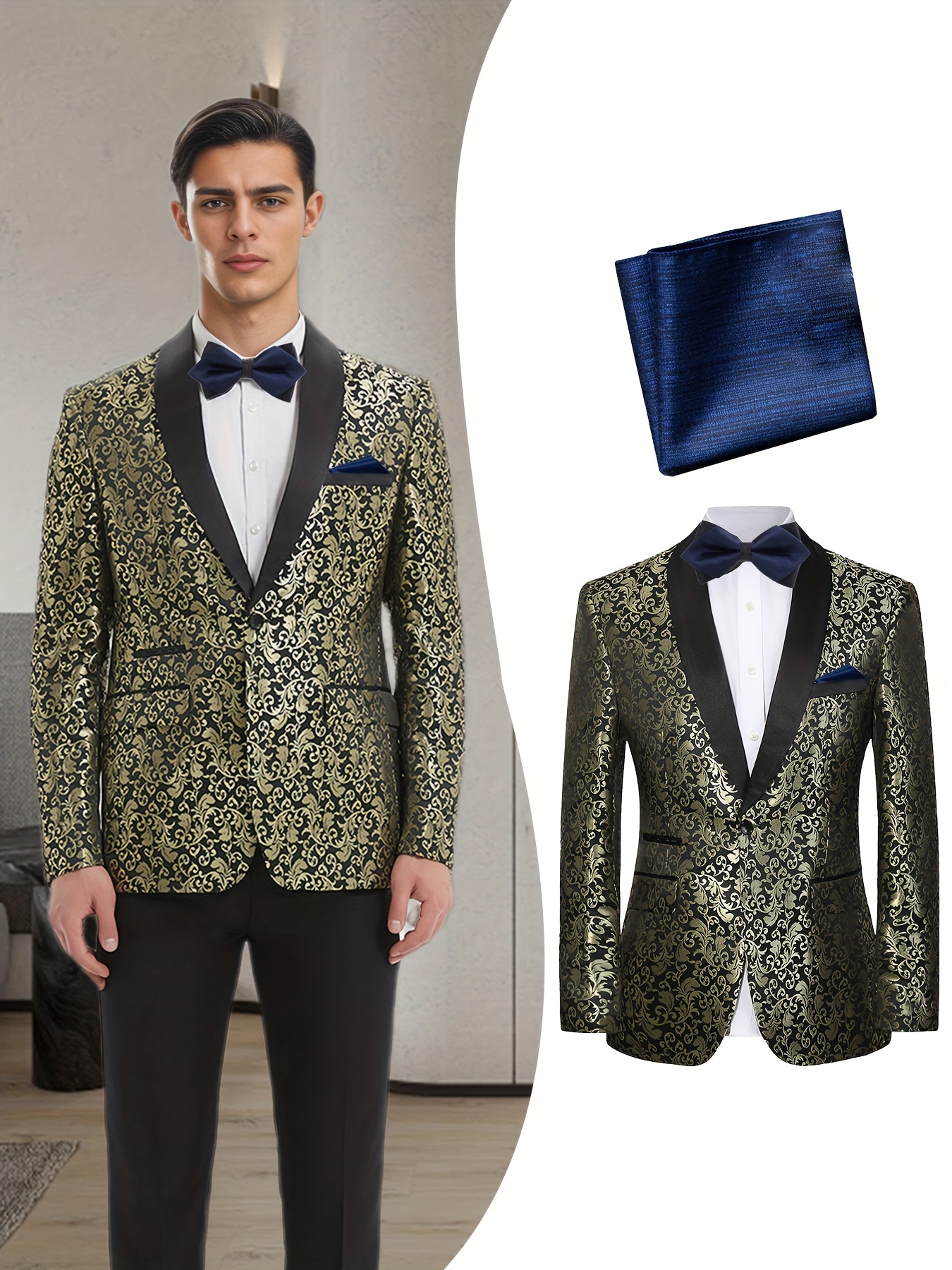 Beauty-Emily Men's 2-Piece Printed Suit with Jacket & Blue Pocket ...