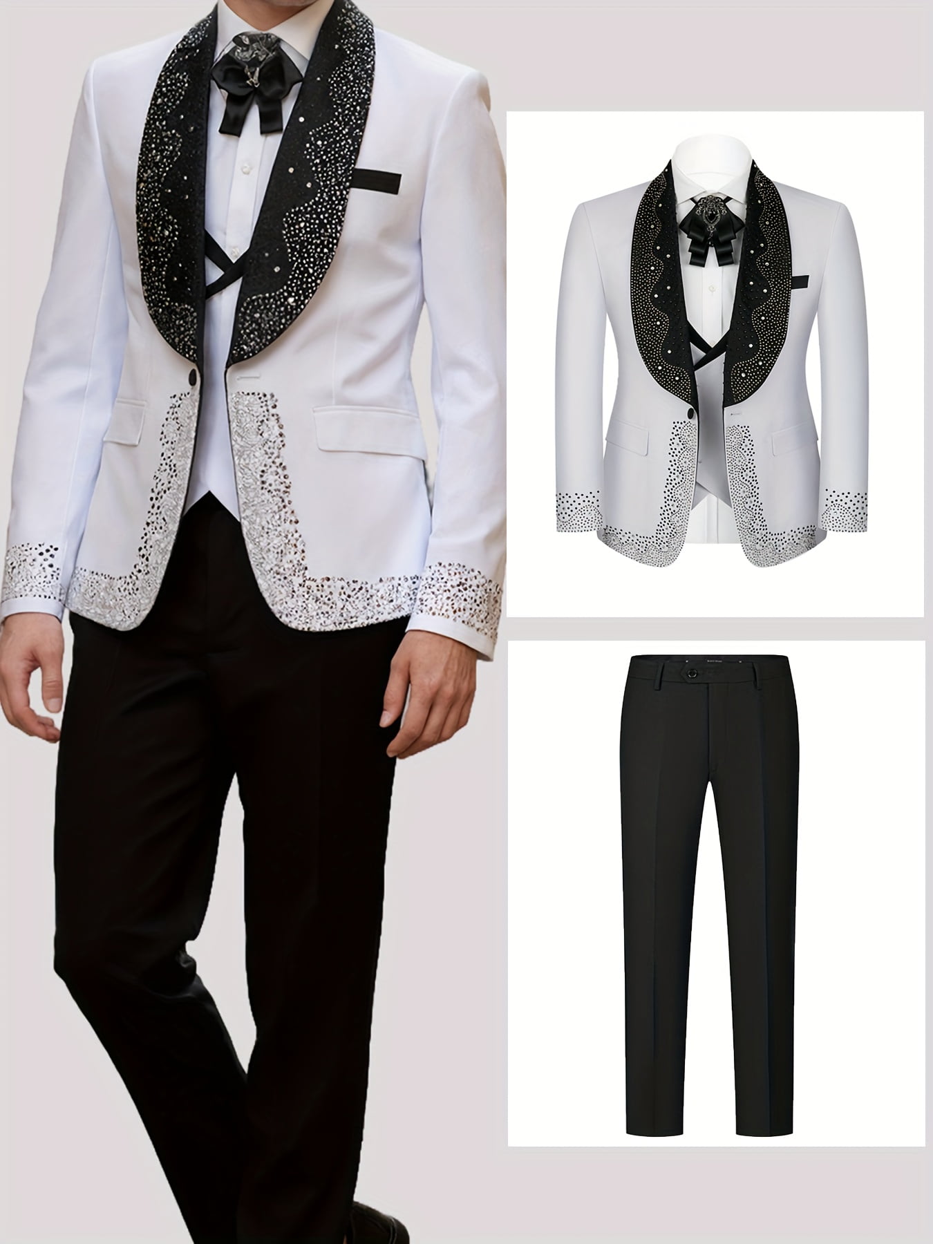 Beauty-Emily Men’s 3-Piece Luxury Rhinestone Suit, Slim Fit Single ...