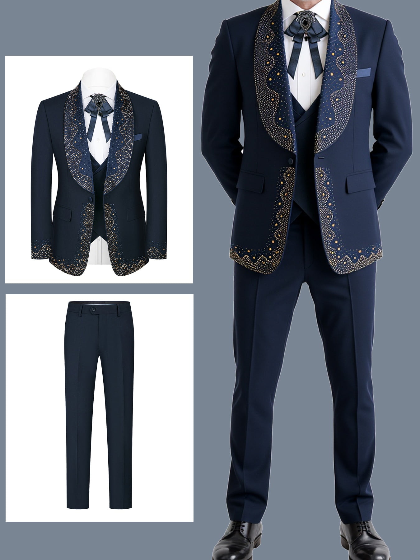 Beauty-Emily Men’s 3-Piece Luxury Rhinestone Suit, Slim Fit Single ...
