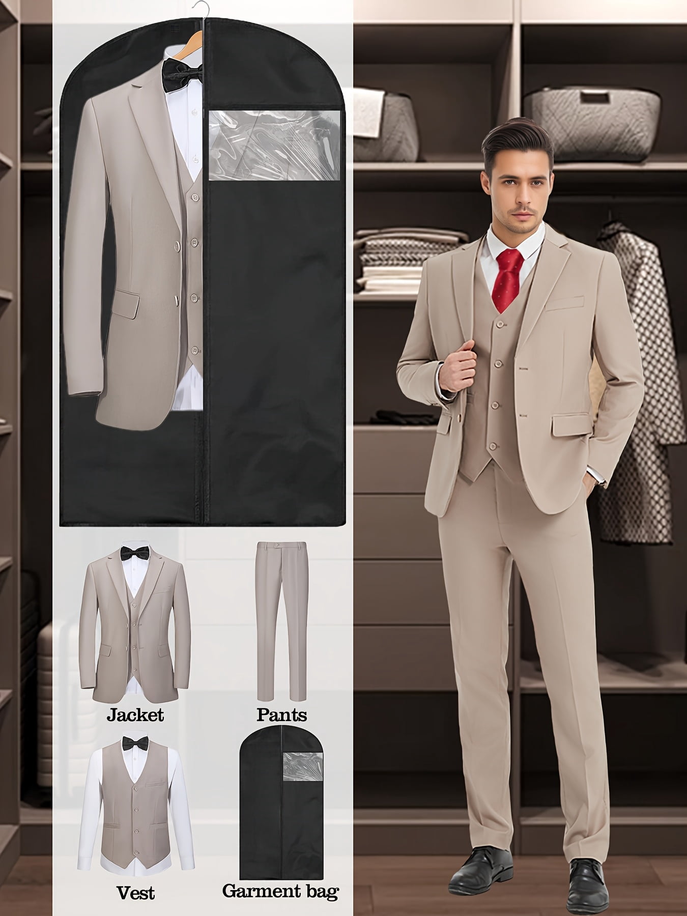 Beauty-Emily Men’s 3-Piece Slim Fit Suit Set with Blazer, Vest, Pants ...