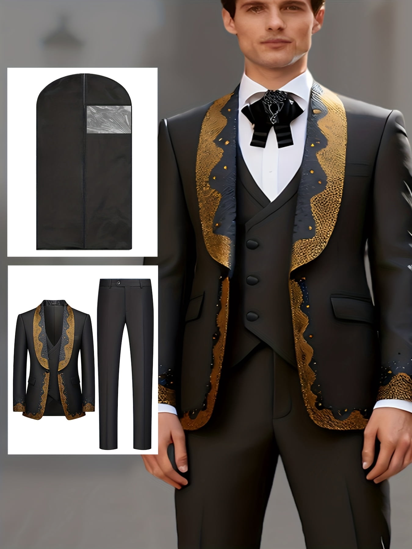 Beauty-Emily Men's 3-Piece Suit Set with Gold Accents – Blazer, Vest ...