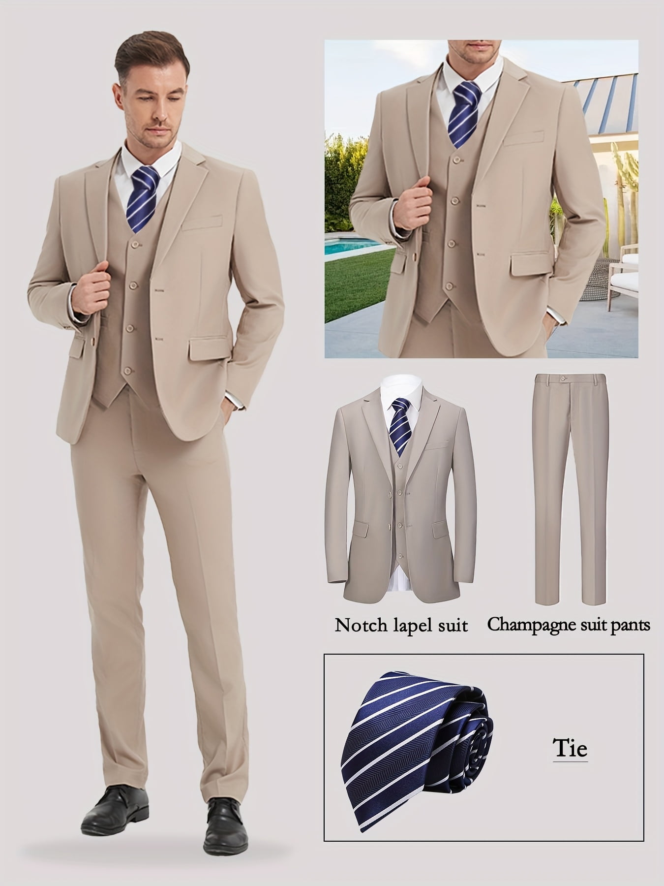 Beauty-Emily Men’s 4-Piece Business Suit Set, Two-Button Blazer, Vest ...